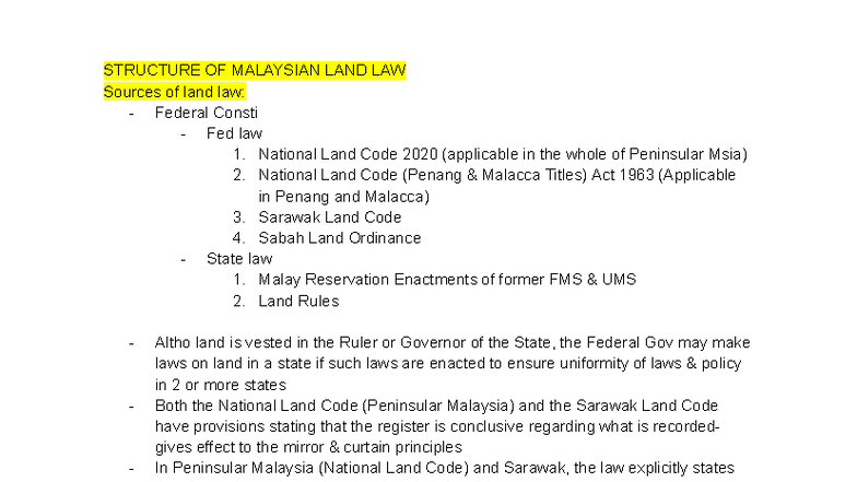 Land Law Notes: Sources and Principles in Malaysian Context (LLB 101 ...