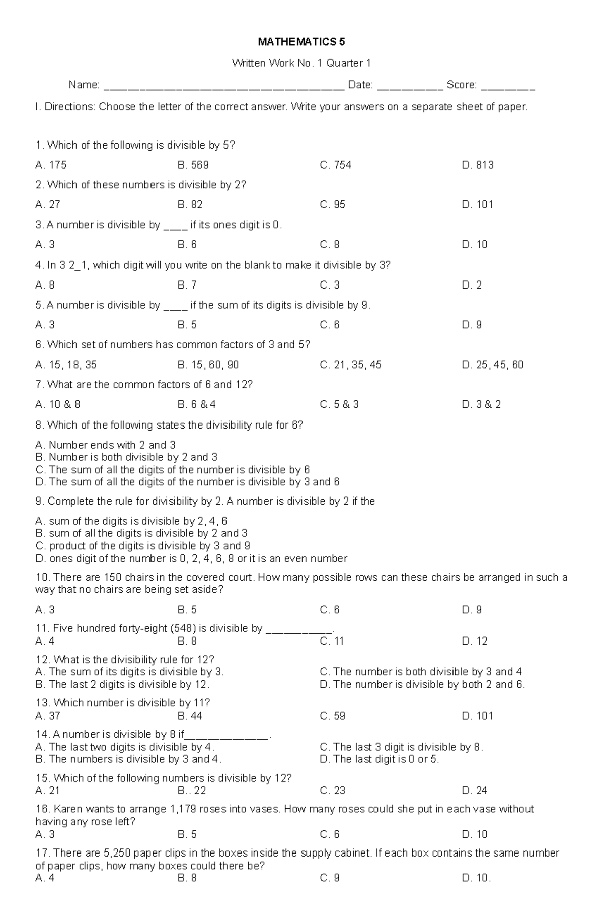 Mathematics Summative Test for Module 1 & 2 (Math 5) - Studocu