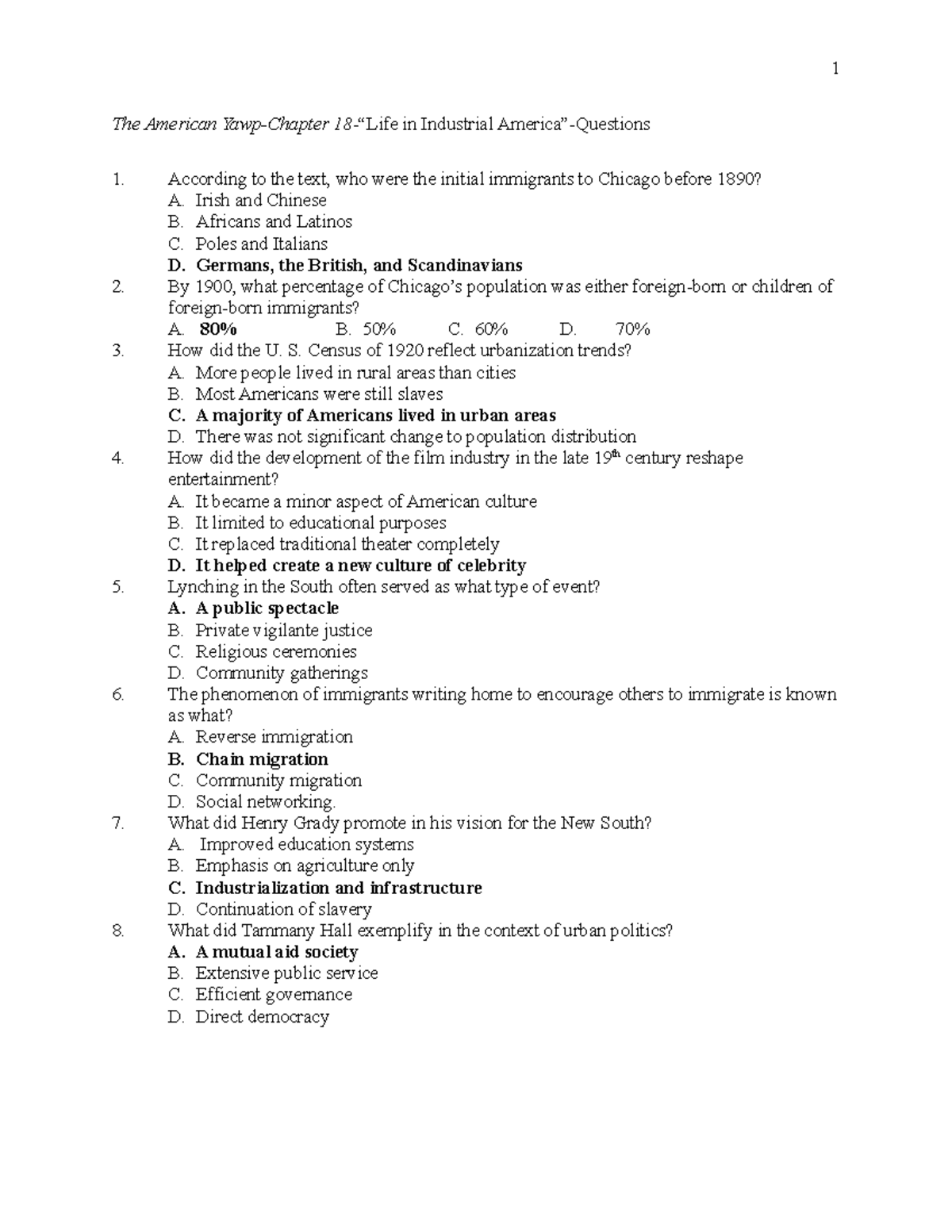 HIST 1302 - Week 3 - Chapter 18 - Life in Industrial America Quiz - Studocu