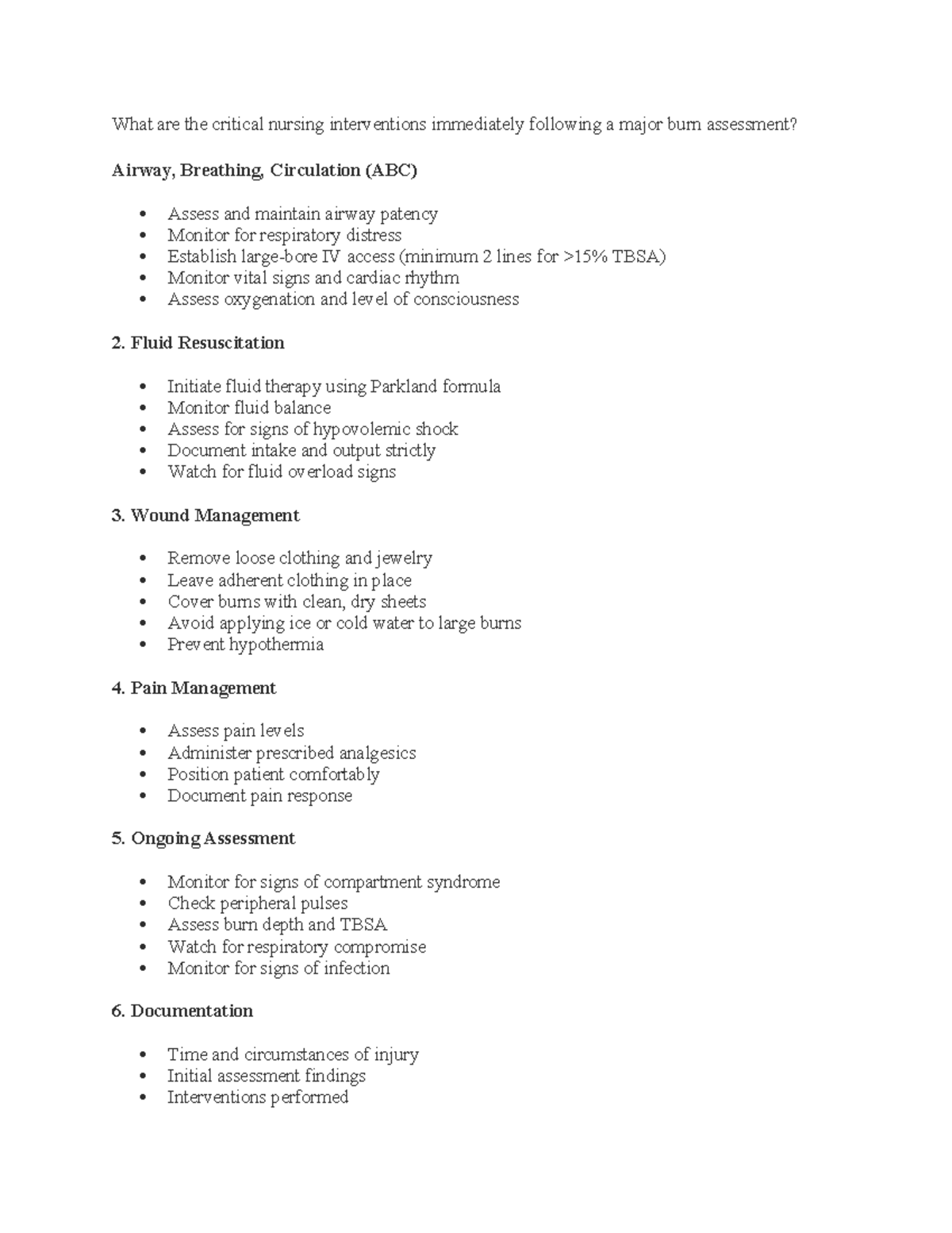 Nursing Interventions Post-Major Burn Assessment: Key Actions and Considerations - Studocu