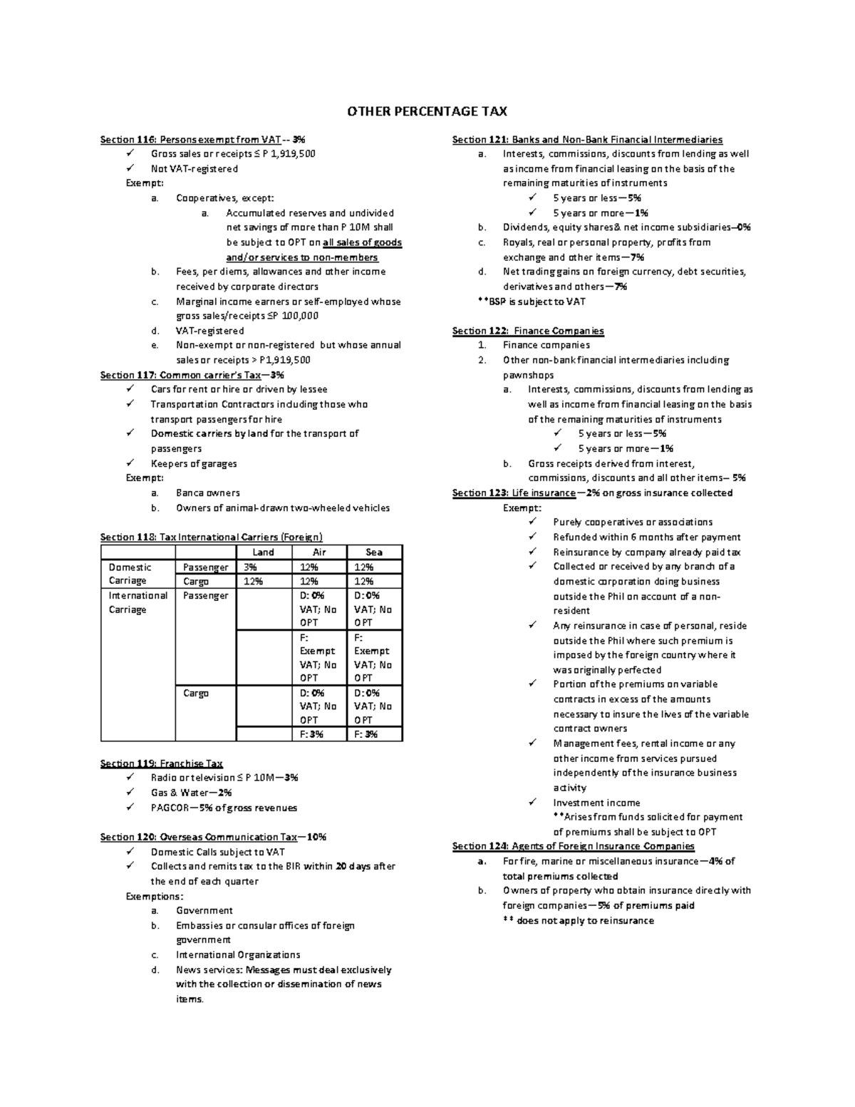 OPT Tax Overview: Detailed Summary of Percentage Tax Regulations - Studocu