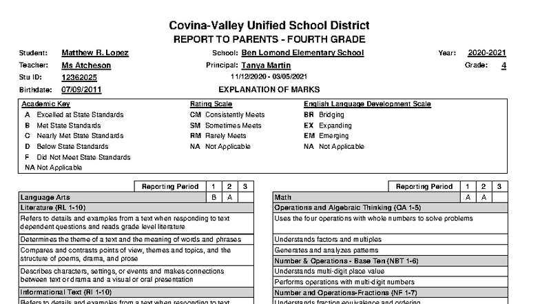 4th Grade Report Card - 2nd Trimester - Ben Lomond Elementary - Studocu