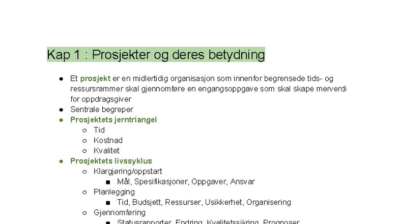 Kap 1: Prosjekter og deres betydning - Notater Praktisk Prosjektledelse ...