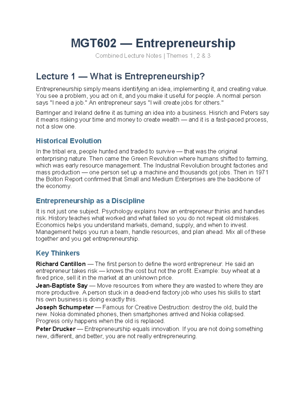 MGT602 Entrepreneurship Lecture Notes: Key Themes & Insights - Studocu