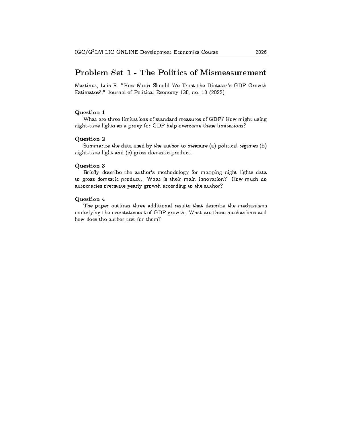 ONLINE Dev Econ Course 2026 PSET 1: Politics of Mismeasurement - Studocu