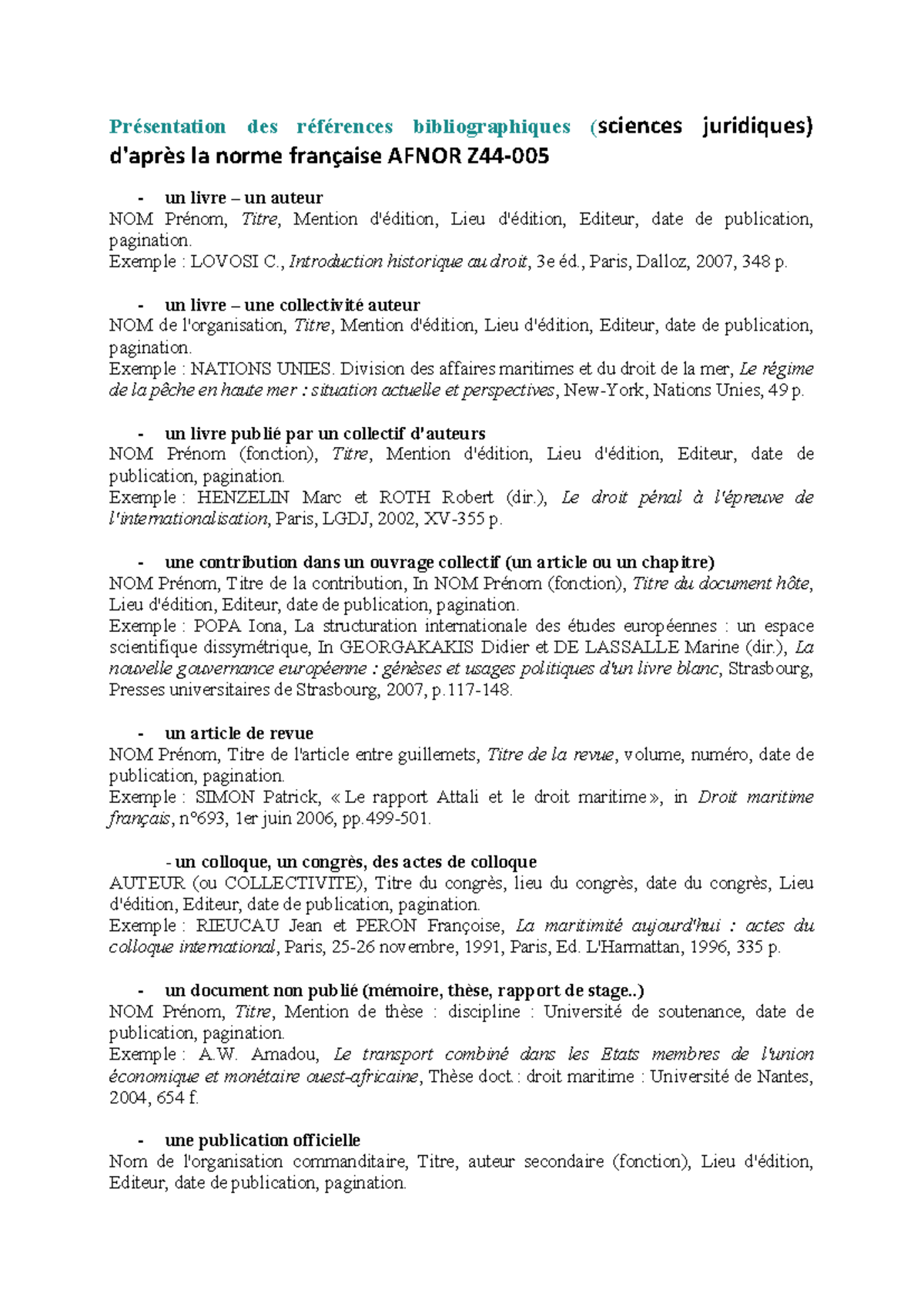 Présentation des références bibliographiques selon la norme AFNOR Z44 ...
