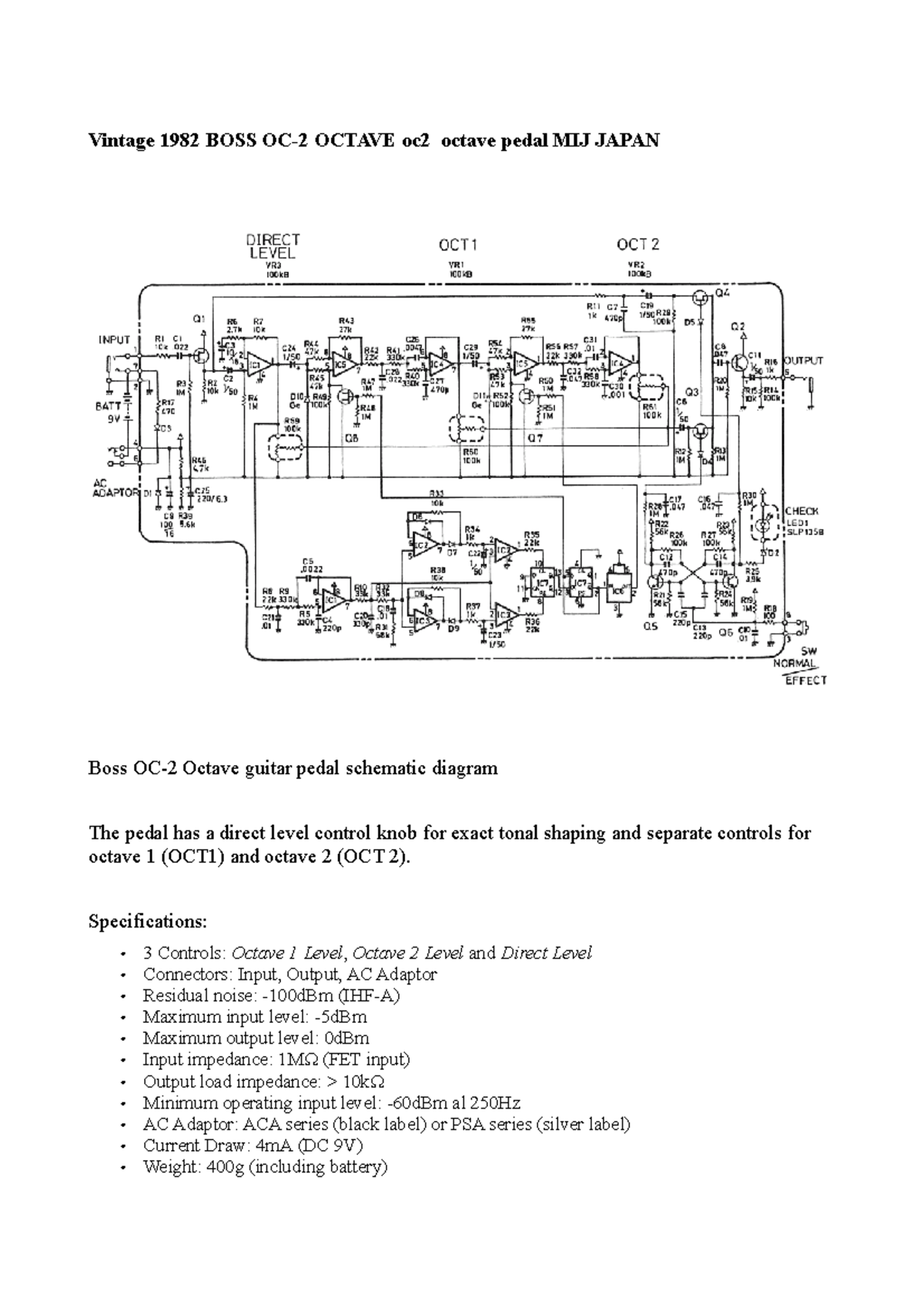 Boss OC2 Octave Pedal Schematic & Specs (Vintage 1982) - Studocu