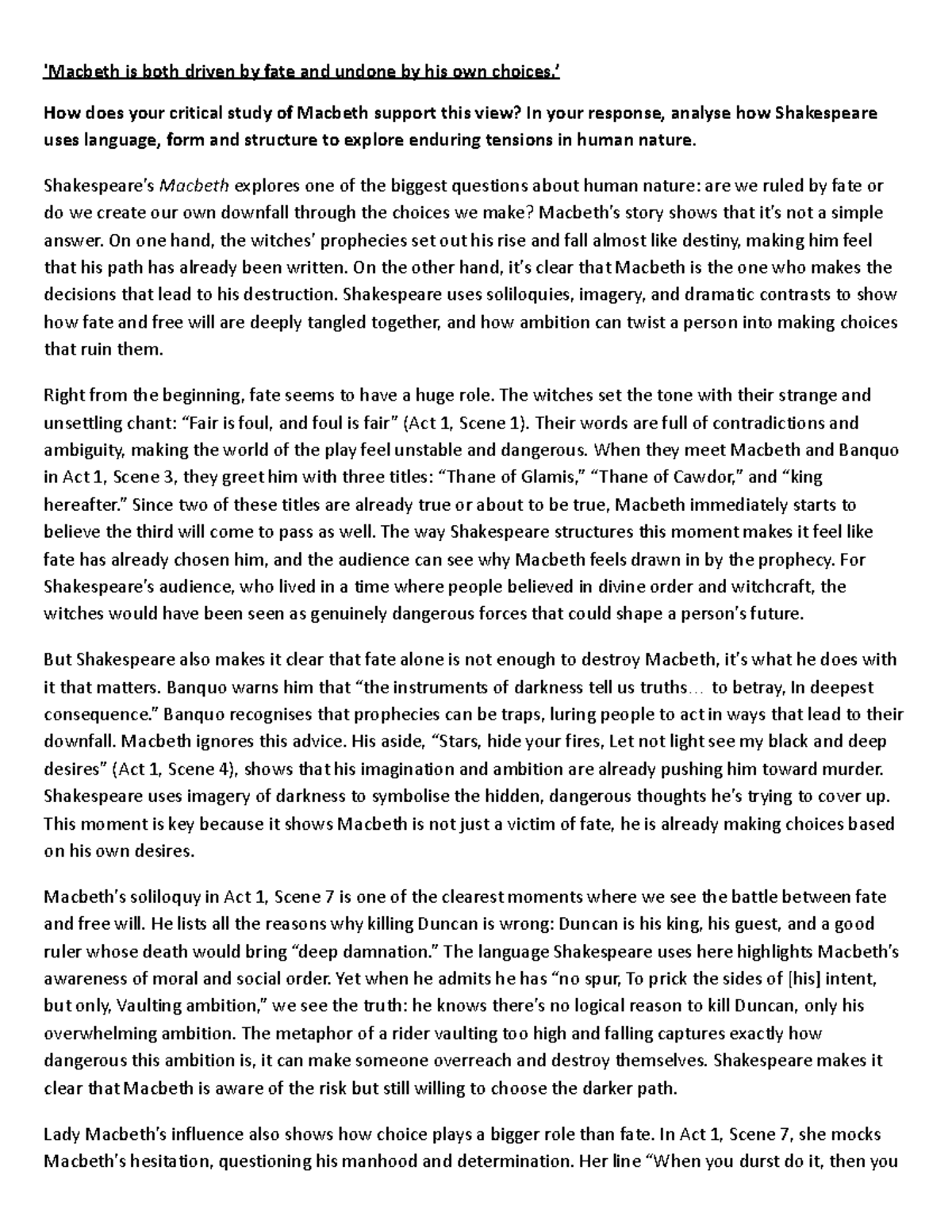 English - Essay: Fate vs. Free Will in Macbeth Analysis - Studocu