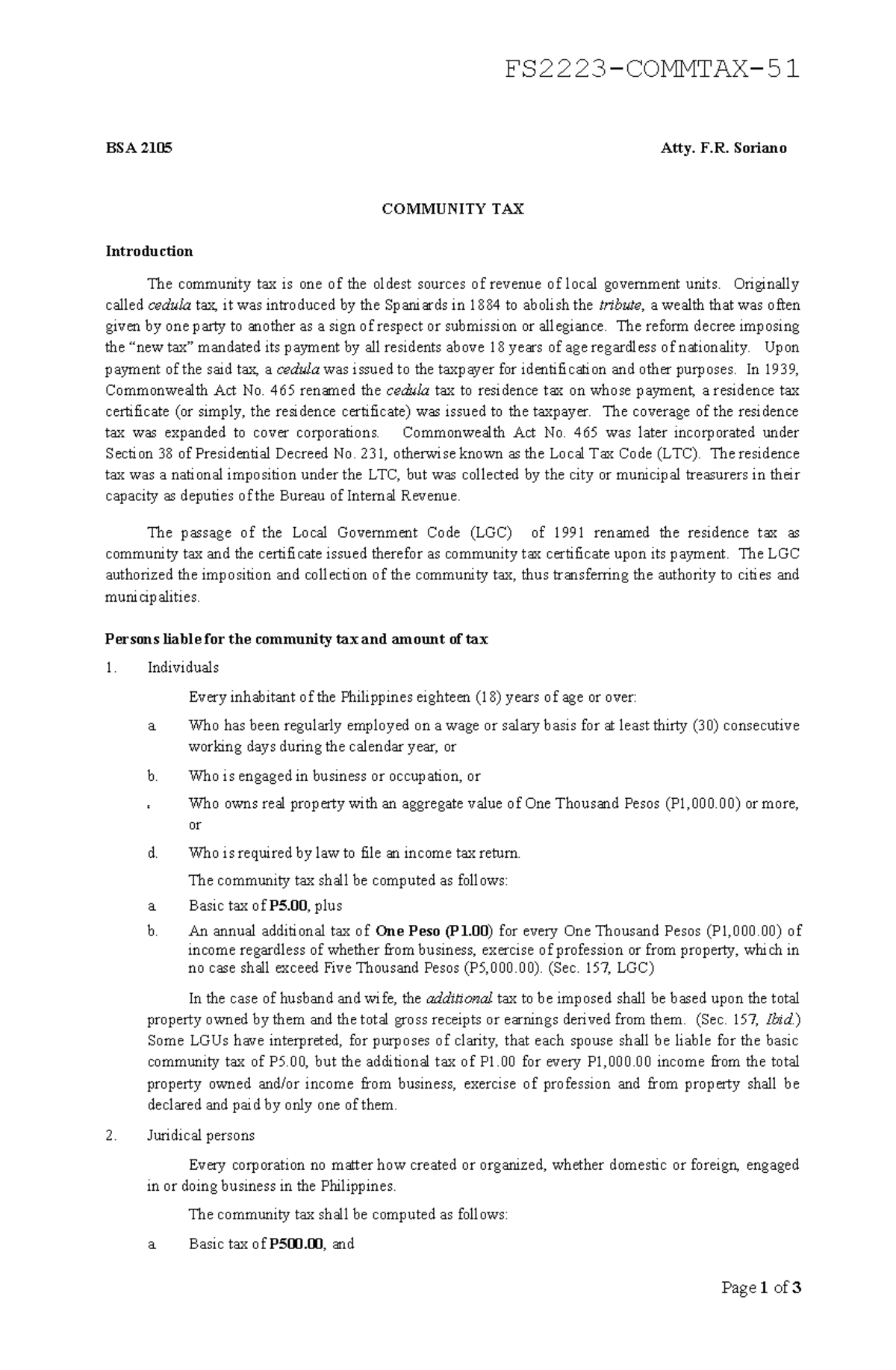 BSA 2105 Final Exam: Community Tax Overview and Regulations - Studocu