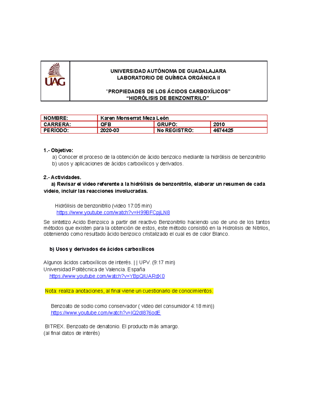 4 Hidrólisis de benzonitrilo - UNIVERSIDAD AUTÓNOMA DE GUADALAJARA ...