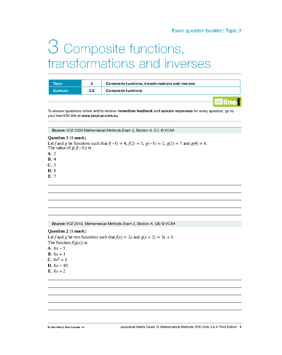 Mathematical Methods VCE Units 3 & 4 Exam Q&A Booklet: Composite ...