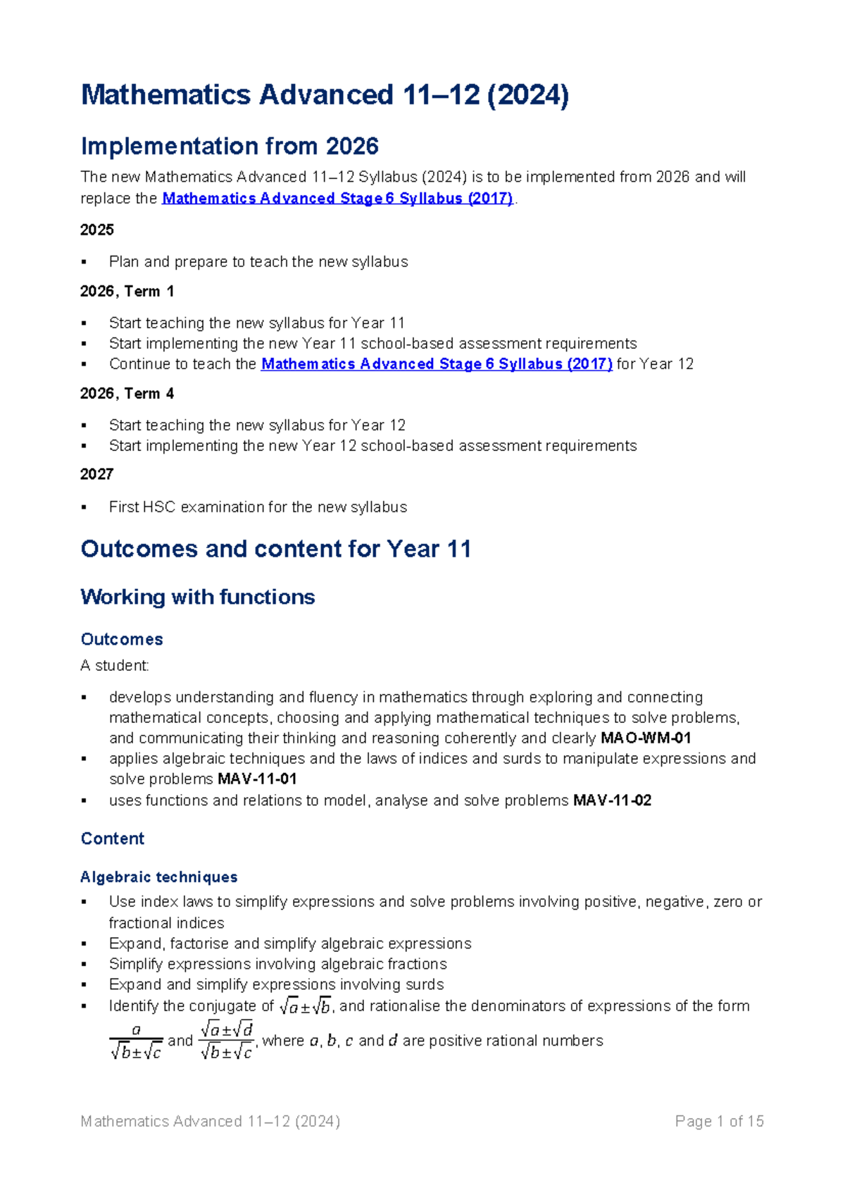 Mathematics Advanced (2024) Syllabus Implementation Plan for 2026 - Studocu