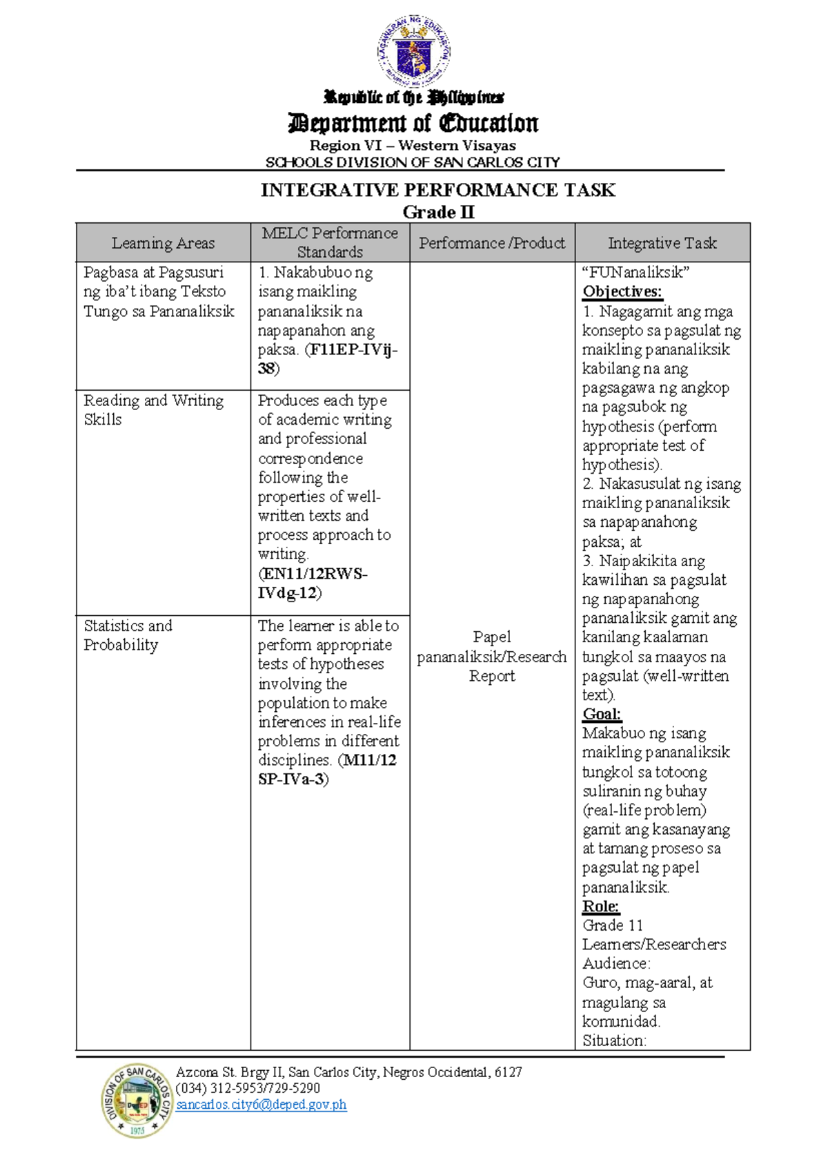 Integrative Performance Task Grade 11 - Department of Education Region ...