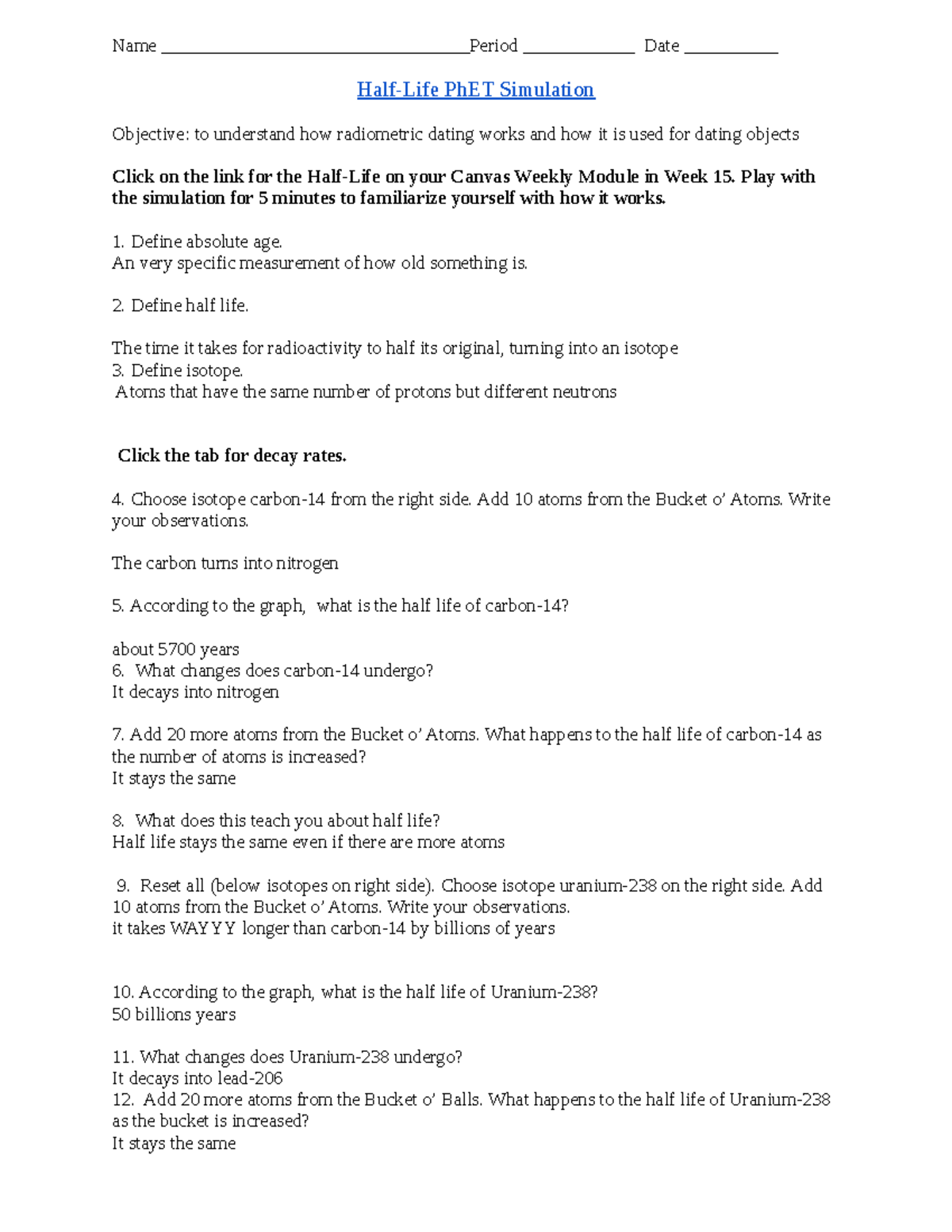 Journigan Half-Life PhET Simulation Study Guide for Oddious Barringer ...