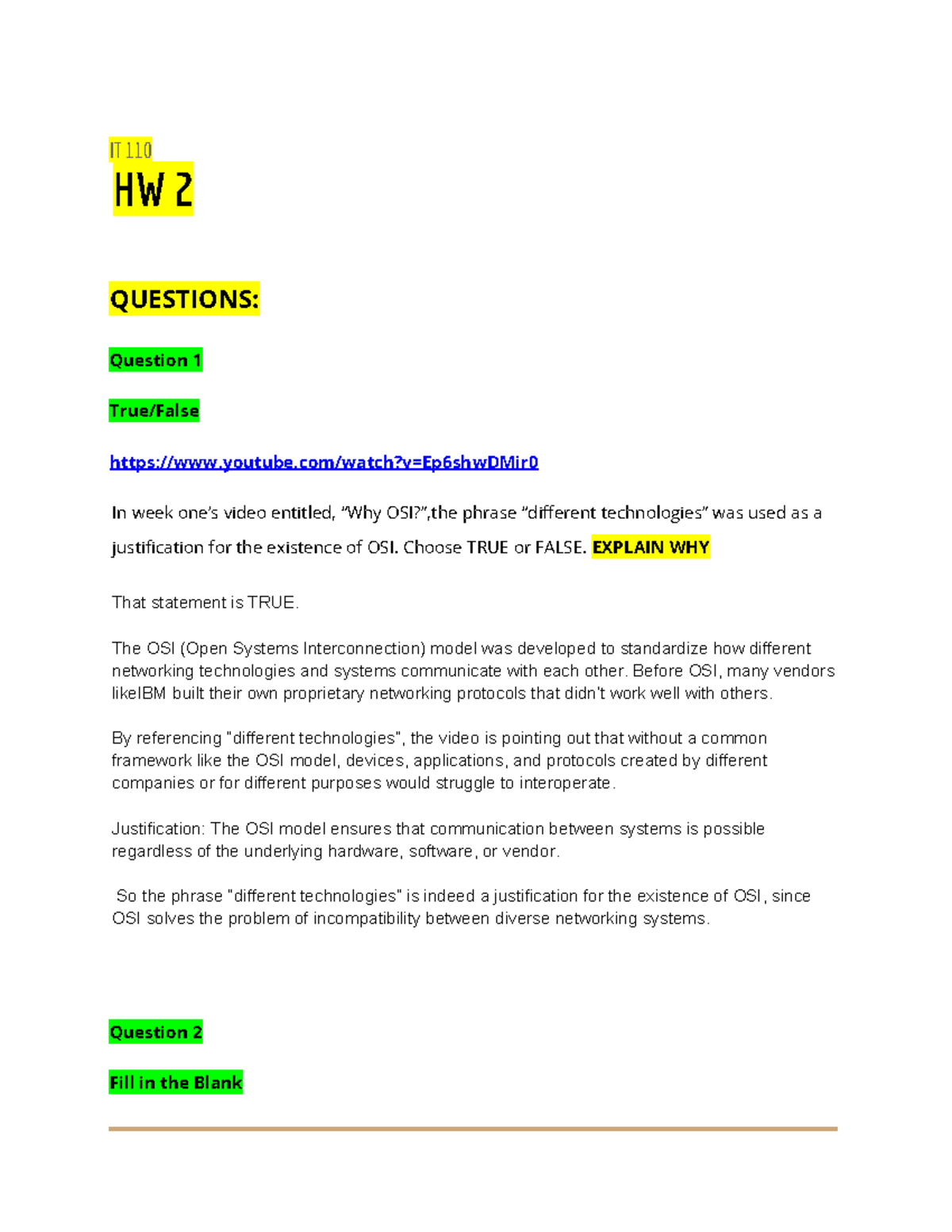 IT 110 HW 2: OSI Model and Networking Concepts Explained - Studocu