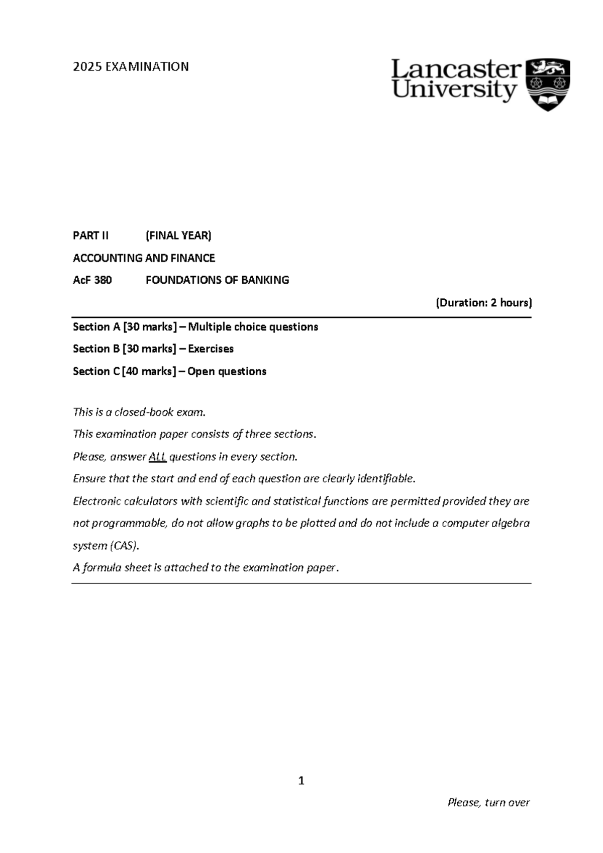 Exam AcF 380 - Foundations of Banking Final Exam 2025 - Studocu