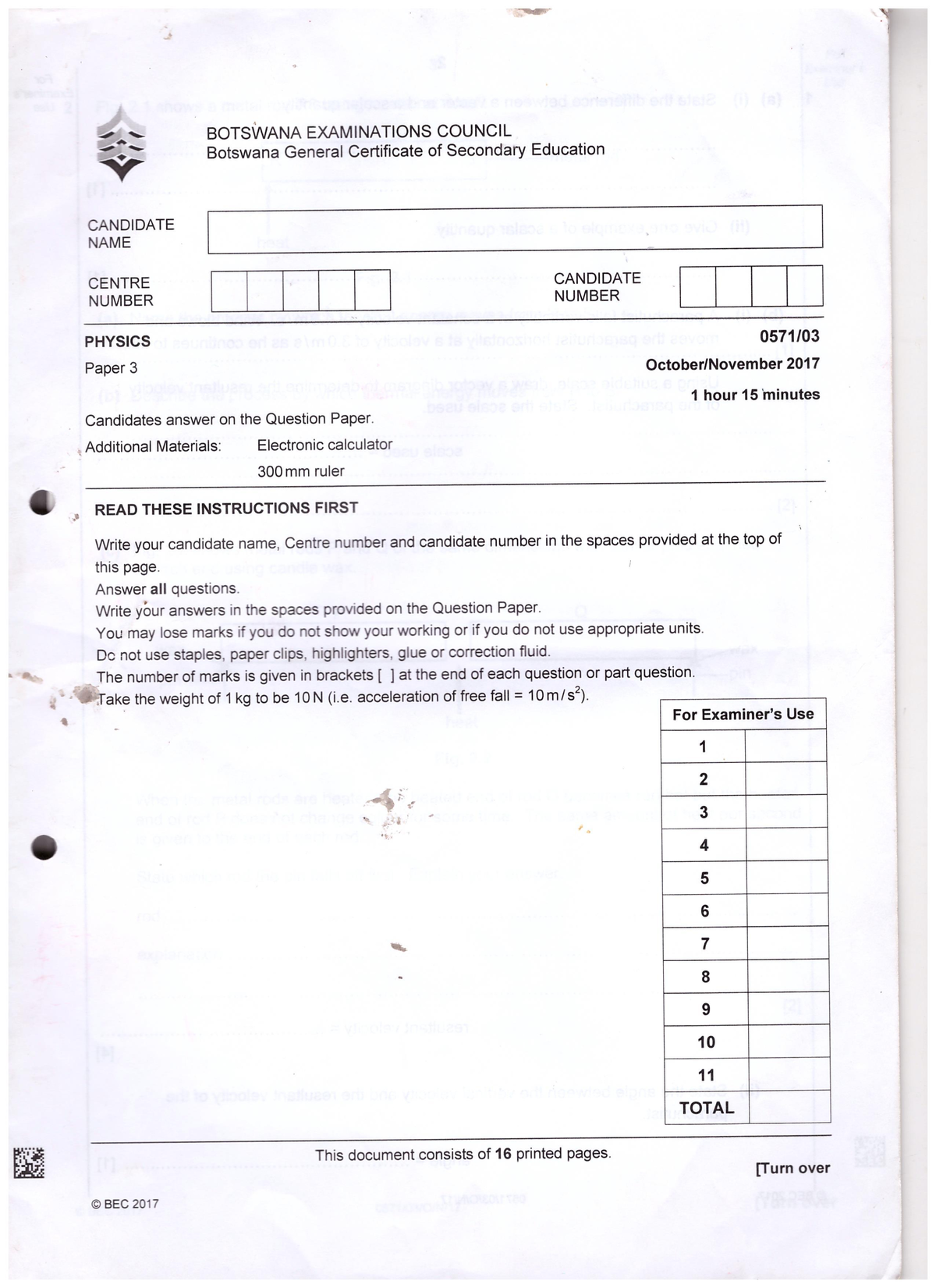 Bgcse Physics Paper 3 Exam 2017 - Candidate Instructions and Questions ...