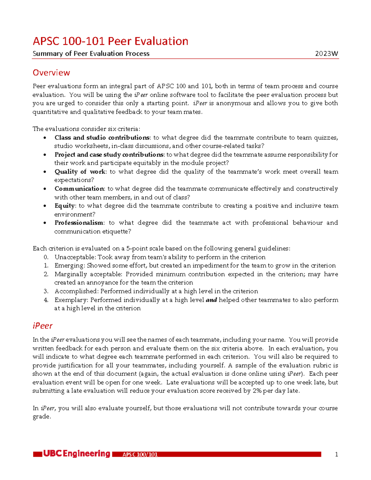 APSC100-101 Peer Evaluation Process Overview and Guidelines - Studocu