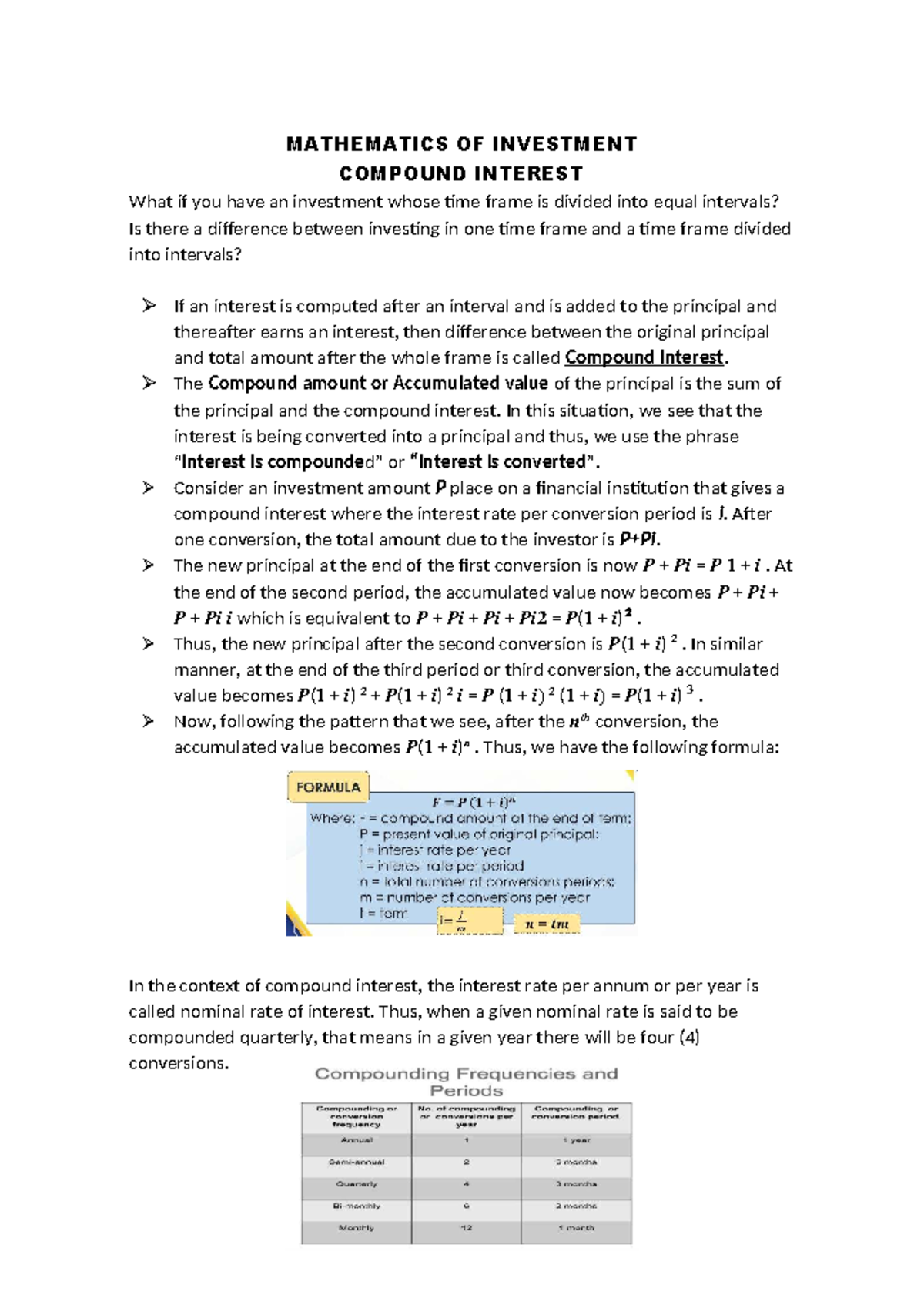 MATHEMATICS OF INVESTMENT: COMPOUND INTEREST NOTES (MMW) - Studocu