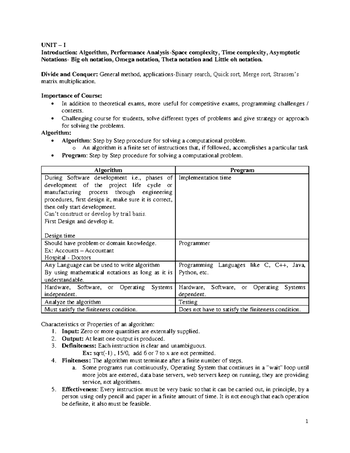 UNIT-I: Analyzing Algorithm Time Complexity and Performance Metrics - Studocu