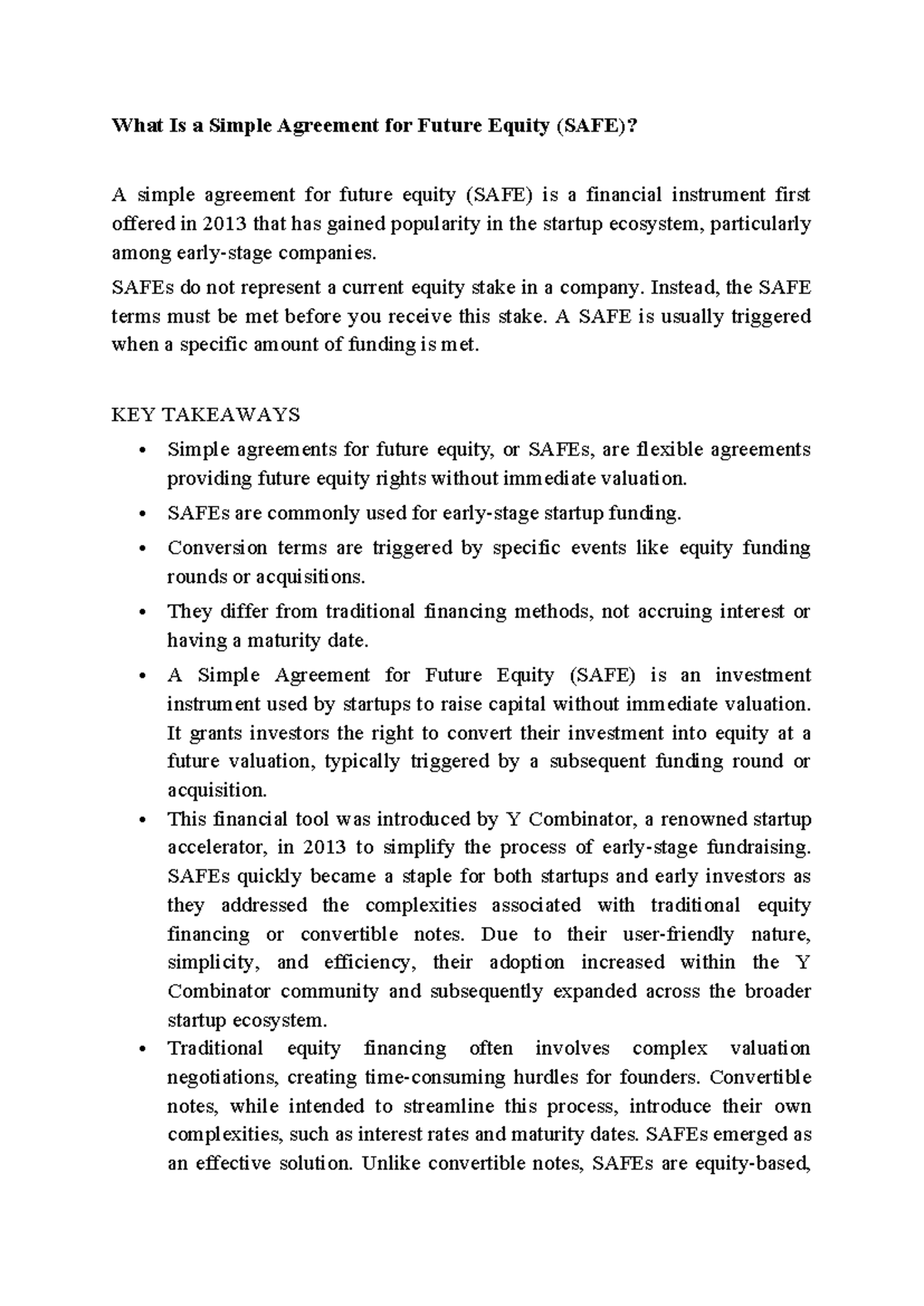 Understanding Simple Agreements for Future Equity (SAFE) - DCDX - Studocu