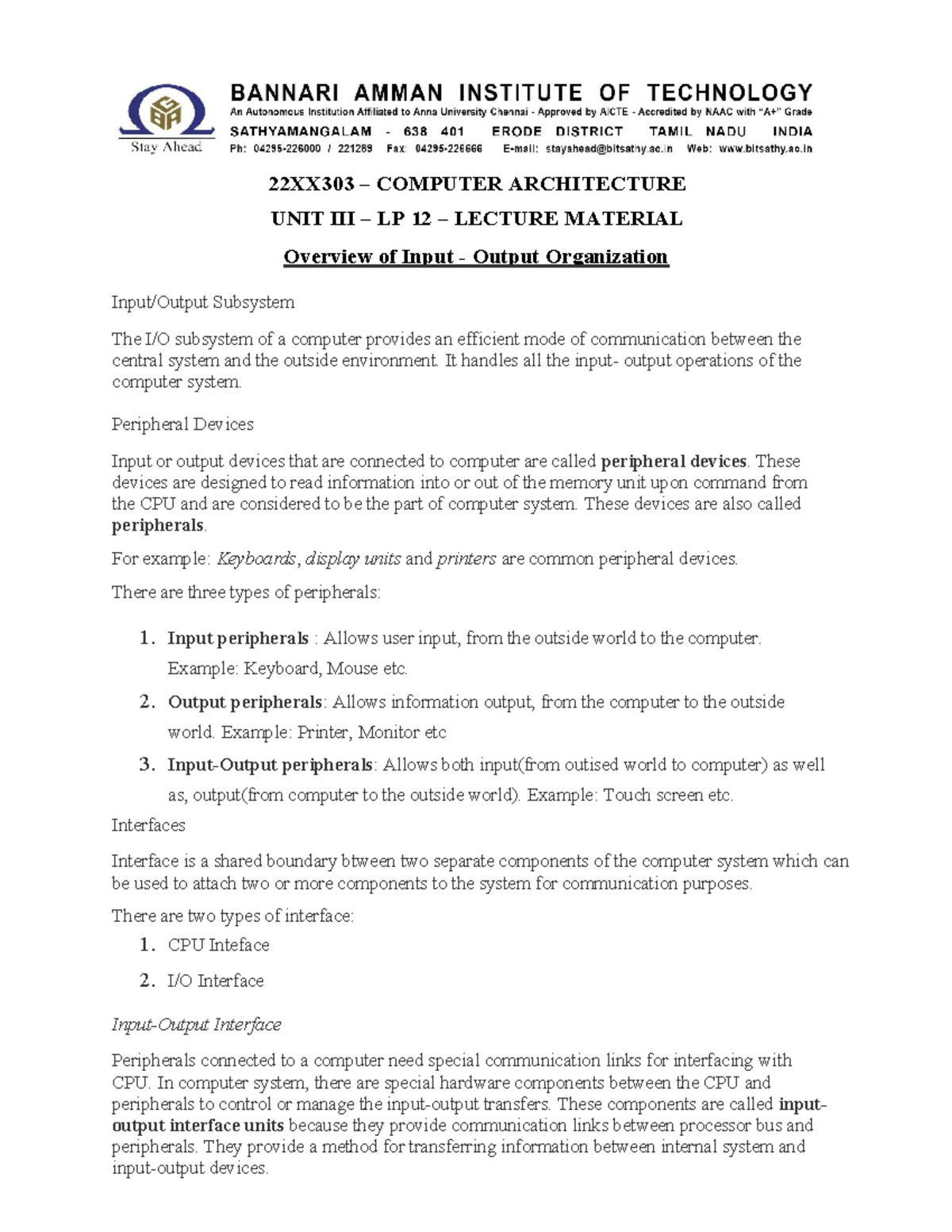 22XX303 COMPUTER ARCHITECTURE UNIT 3 LECTURE MATERIAL: IO Overview ...