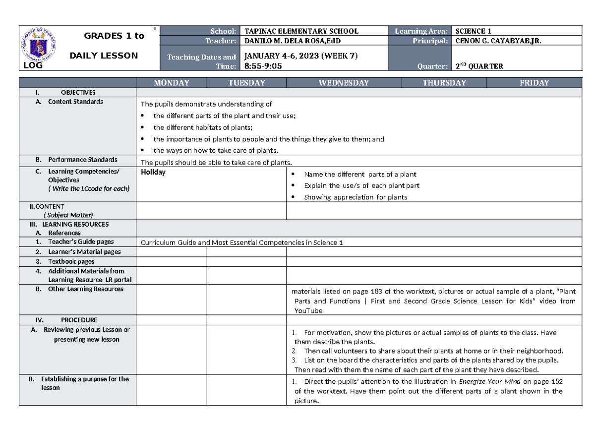 DLL Science Q2 W7 - 5 GRADES 1 to 12 DAILY LESSON LOG School: TAPINAC ELEMENTARY SCHOOL Learning ...