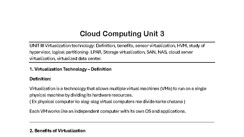 Cloud Computing Unit 3 - Virtualization Tech Overview and Benefits - Studocu