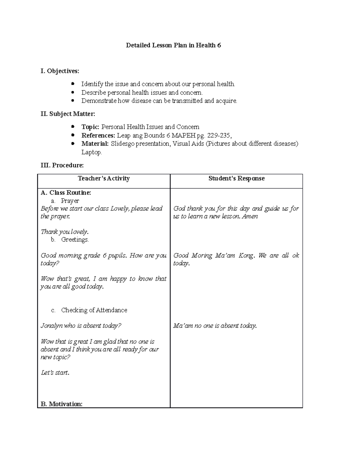 Lesson Plan: Personal Health Issues - Health 6 Detailed Overview - Studocu