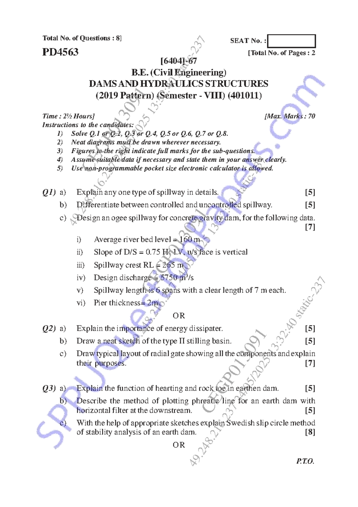 B.E. Civil Engineering Semester 8 PD4563 Final Exam: Dams & Hydraulic ...