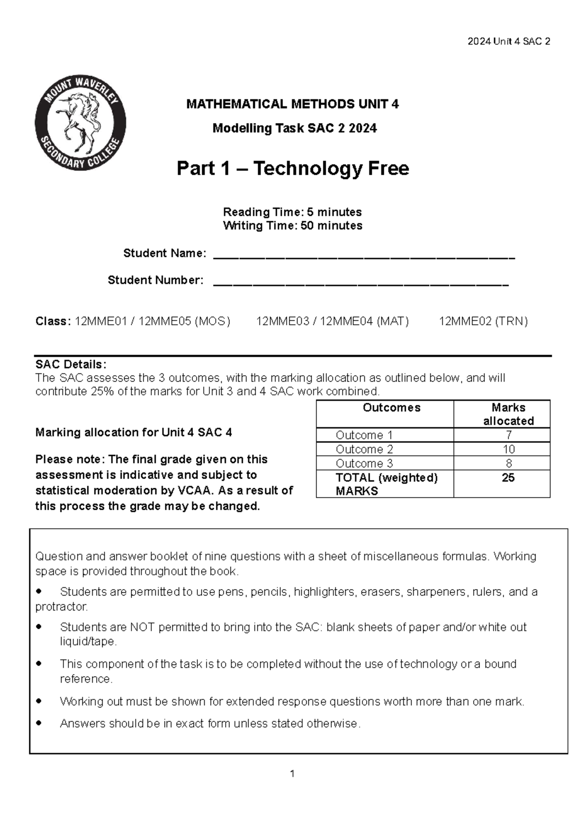 2024 Unit 4 SAC 2 Mathematical Methods Modelling Task Assessment - Studocu