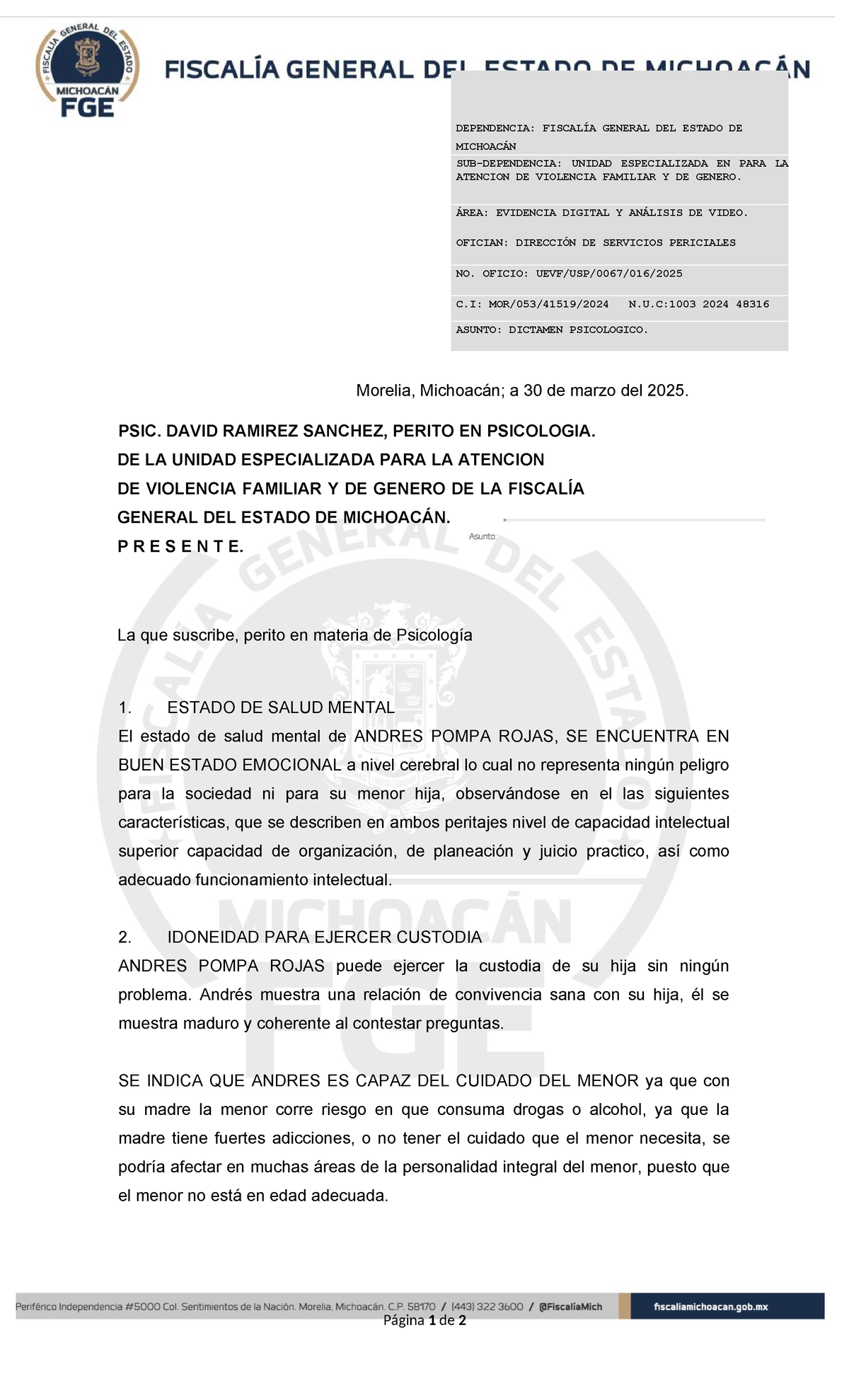 Dictamen Psicológico sobre Custodia de Andrés Pompa Rojas - 2024 - Studocu