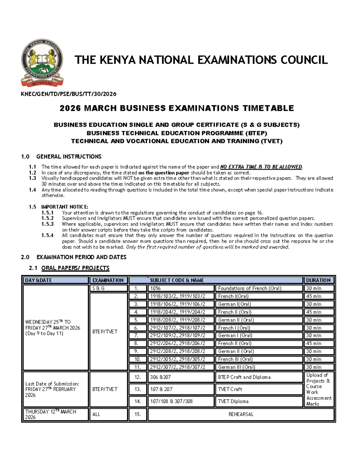 2026 March Business Examinations Timetable (BTEP & TVET) - Studocu