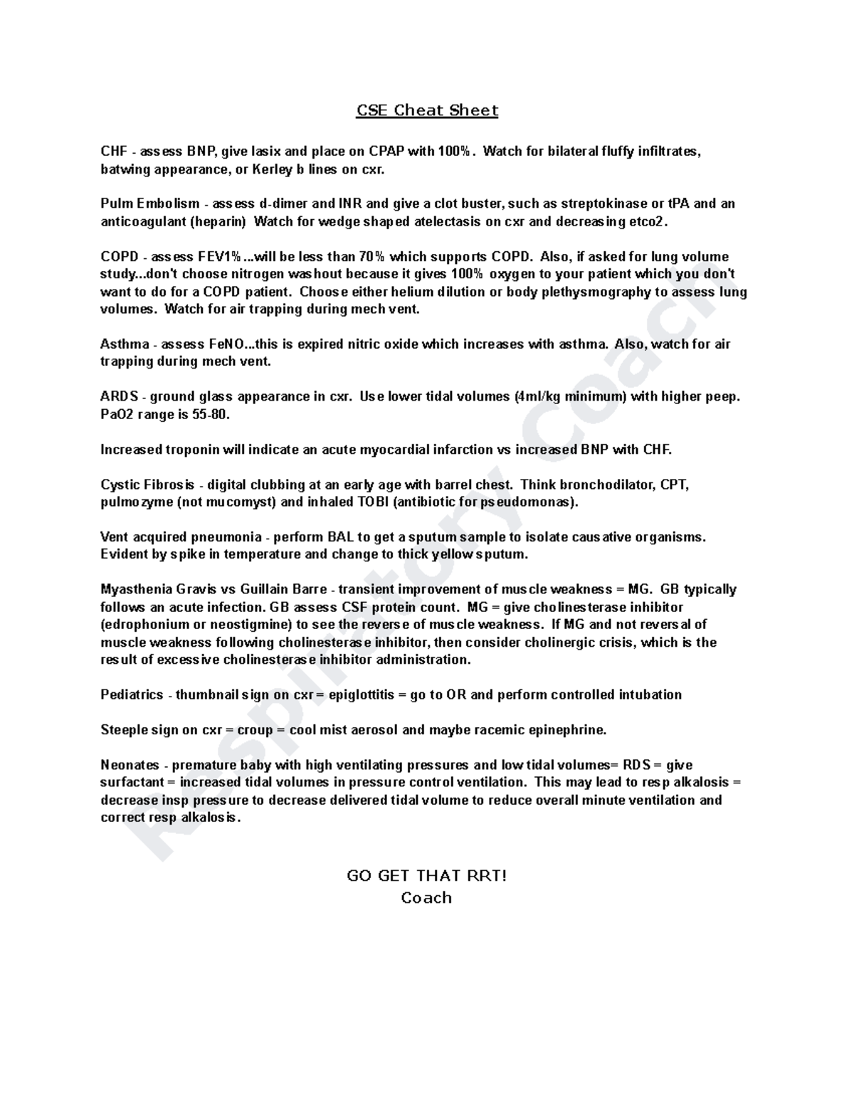 CSE Cheat Sheet - Respiratory Conditions Overview and Management - Studocu