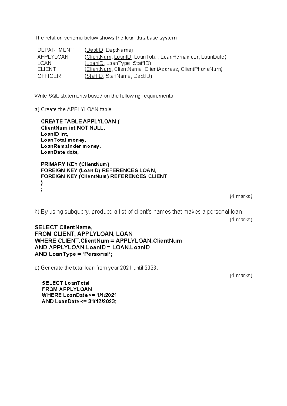 SQL Exercise Questions for Loan Database System ICT450 - Studocu