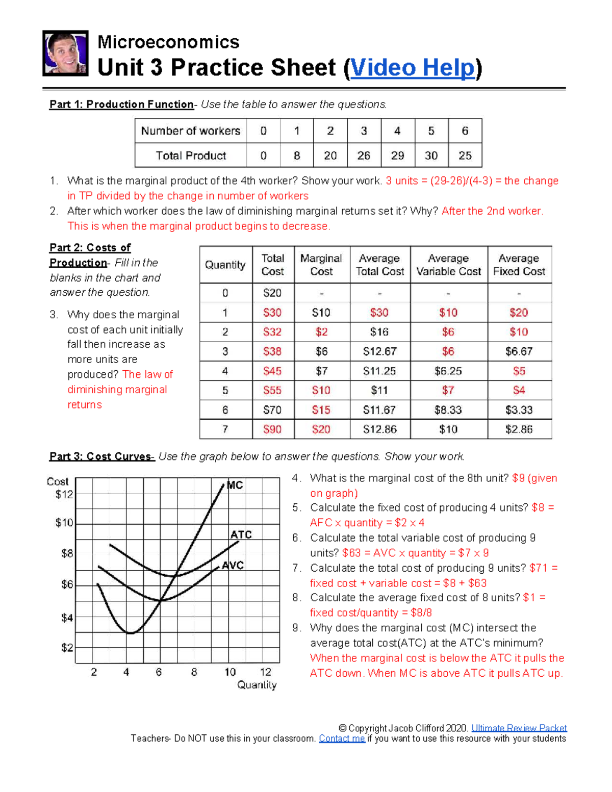Microeconomics Unit 3 Practice Sheet Answers: Production & Costs - Studocu