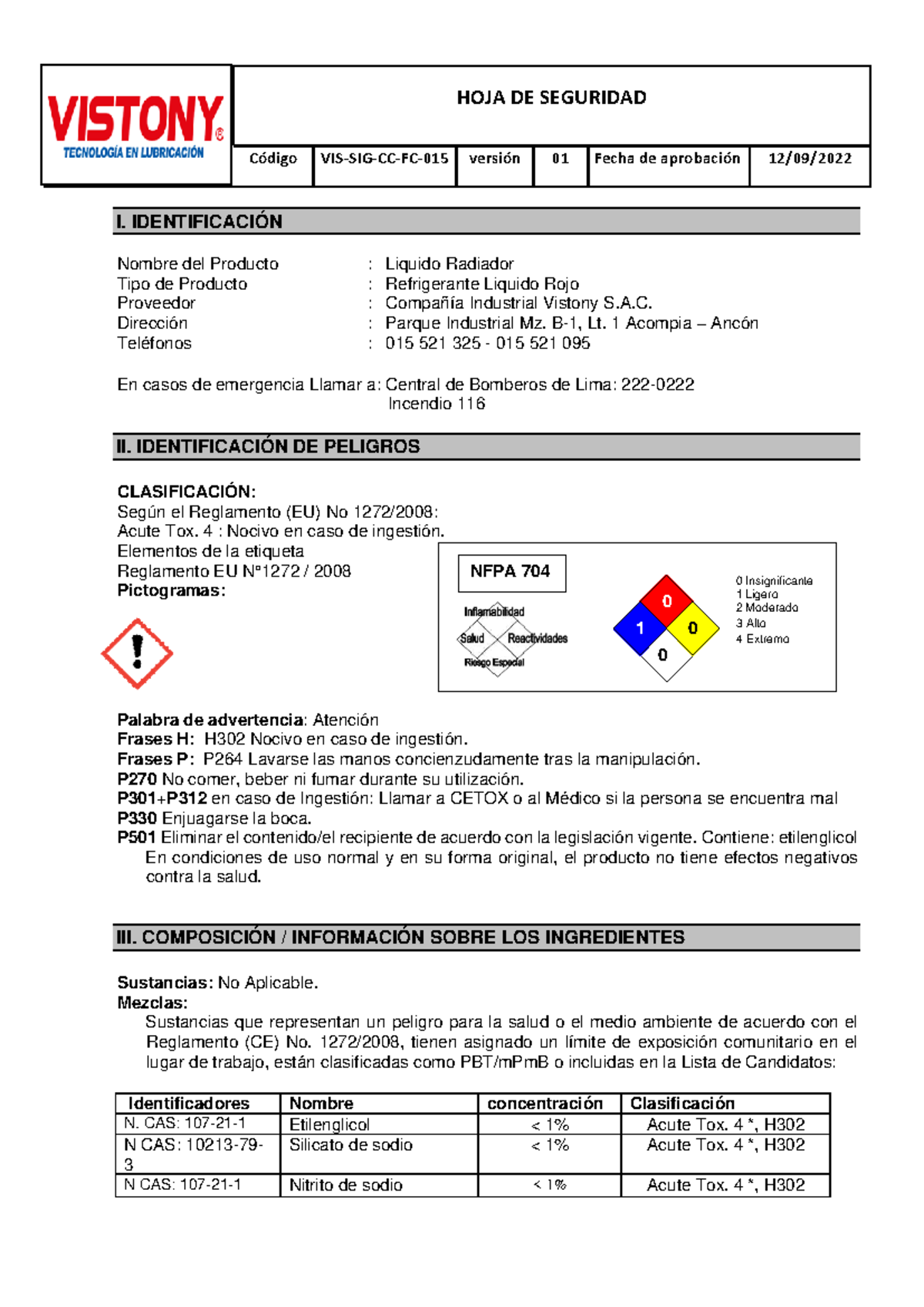 MSDS - Liquido Radiador Refrigerante ROJO - Código 01 - Studocu