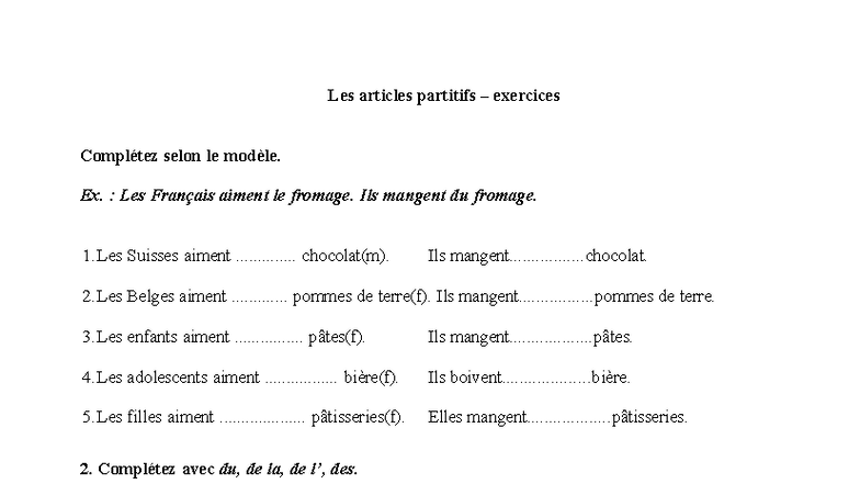 Les articles partitifs exercices - Complétez les phrases - Studocu