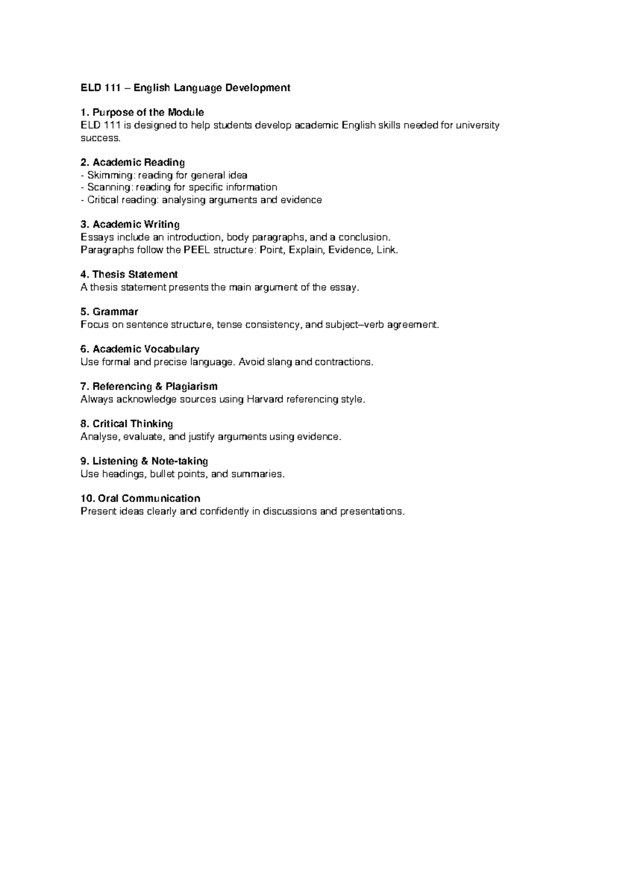 ELD 111 Academic English Development Compiled Notes - Studocu