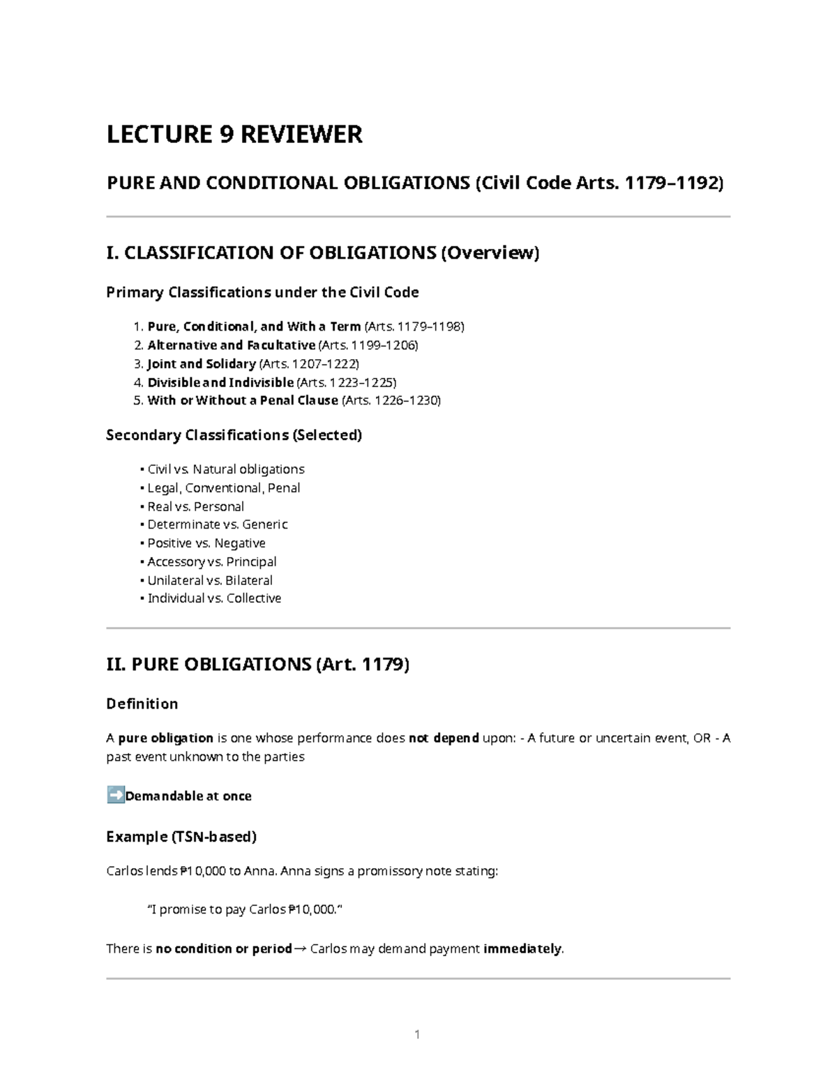 LECTURE 9 REVIEWER: PURE & CONDITIONAL OBLIGATIONS (Civil Code) - Studocu