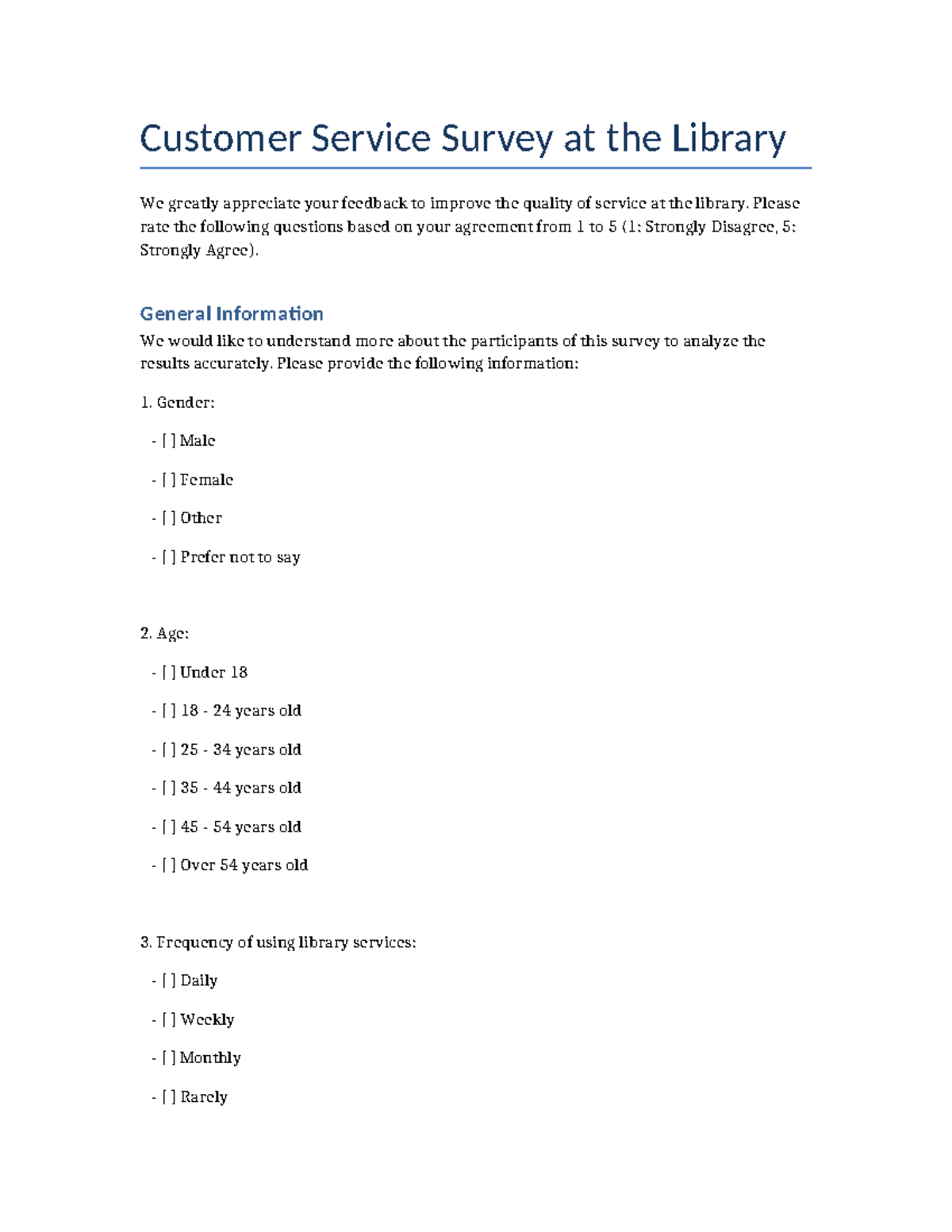 Customer Service Survey for Library Users - General Info & Feedback ...