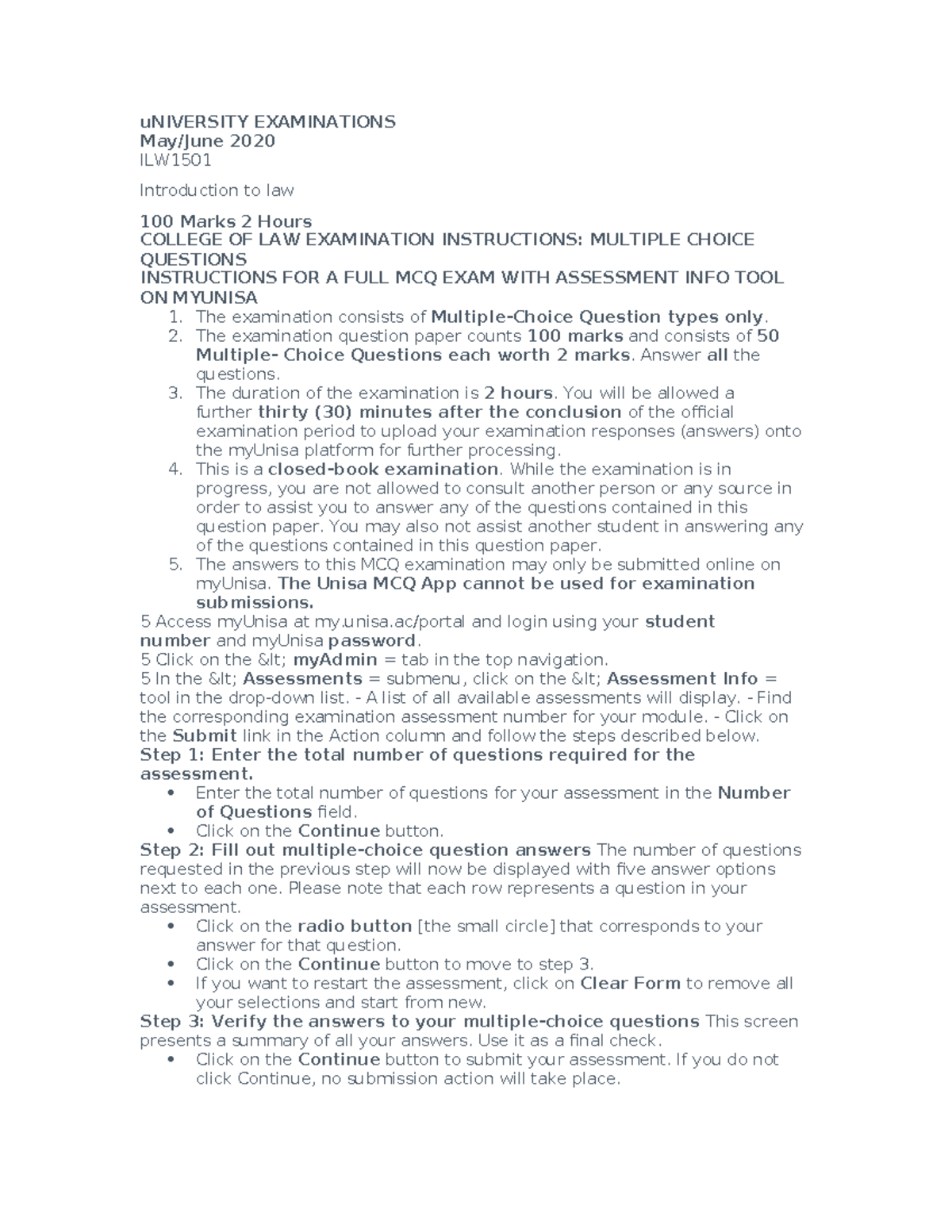 ILW1501 2020 Final Exam MCQ Instructions and Scenarios - Studocu