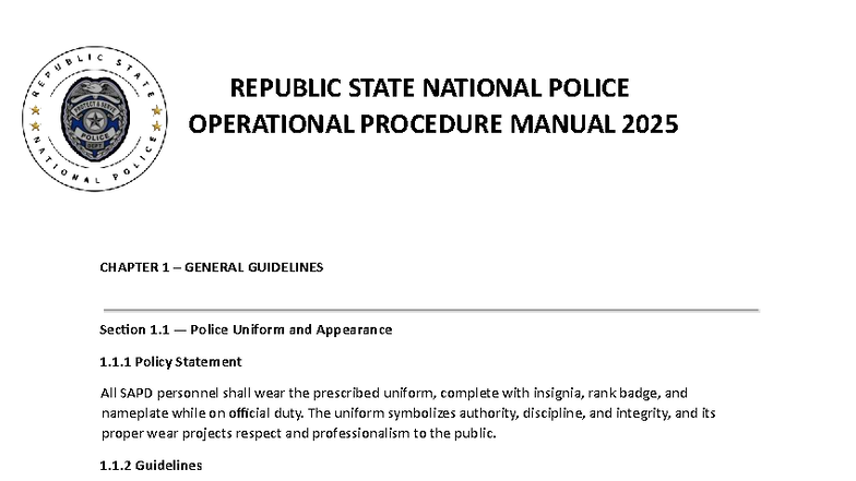 Republic State National Police Operational Procedures Manual (RSNP-OPM ...