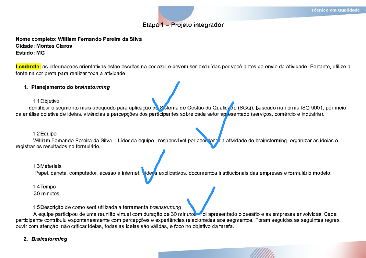 PI-ETAPA 1 - Projeto Integrador: Brainstorming para SGQ - Studocu