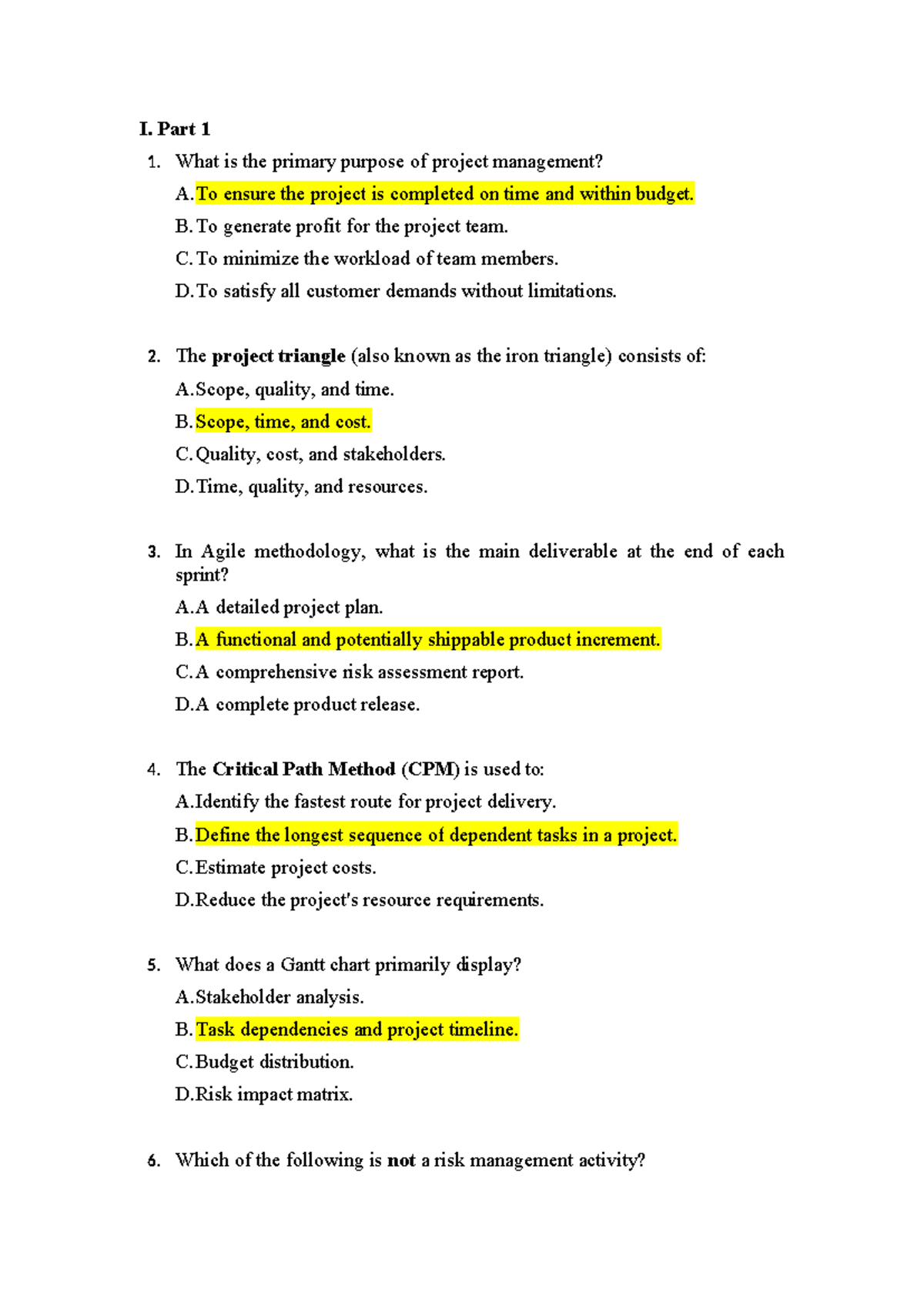 SPM - Project Management Quiz Questions and Answers - Studocu