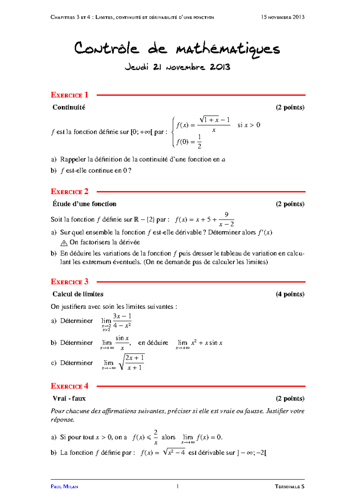 Contrôle de Maths 2013 : Limites et Continuité - Chapitres 3 et 4 - Studocu