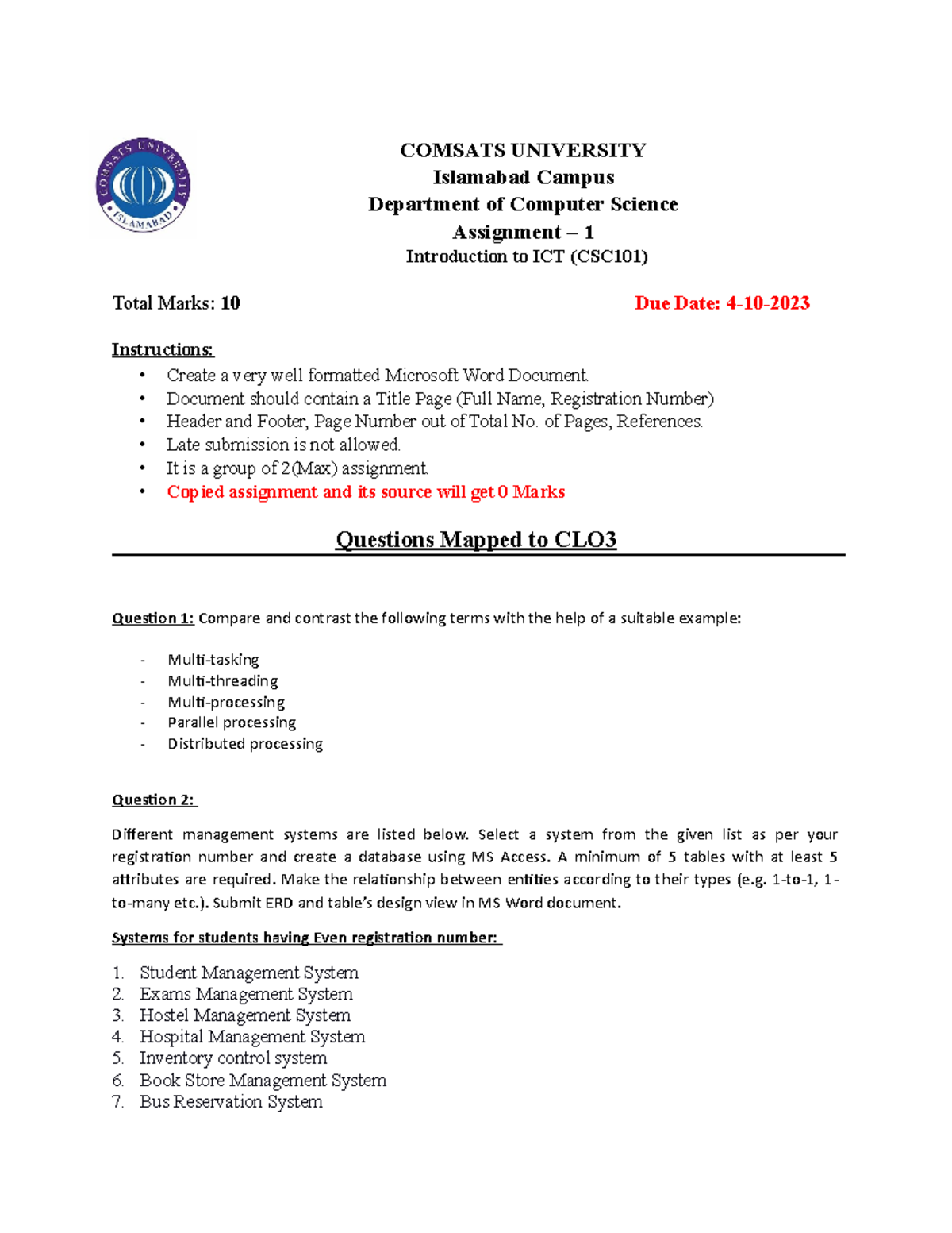 Assignment 1 - COMSATS UNIVERSITY Islamabad Campus Department of ...