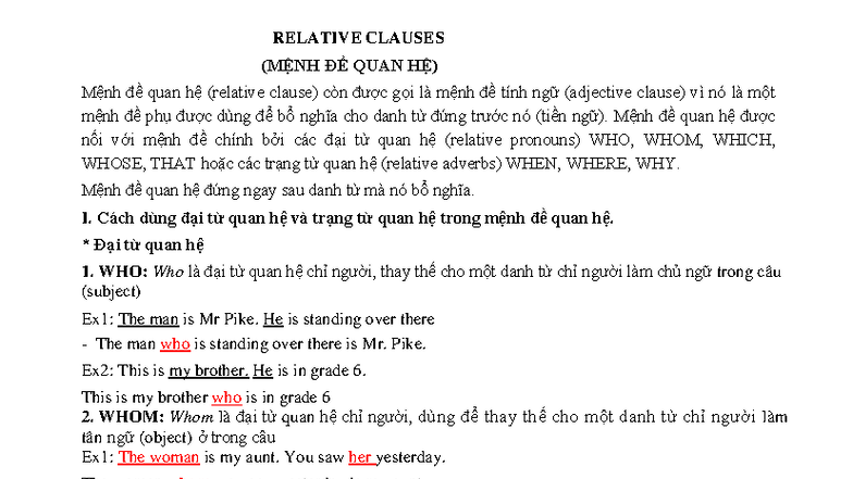 RELATIVE CLAUSES (MỆNH ĐỀ QUAN HỆ) - Detailed Guide - Studocu