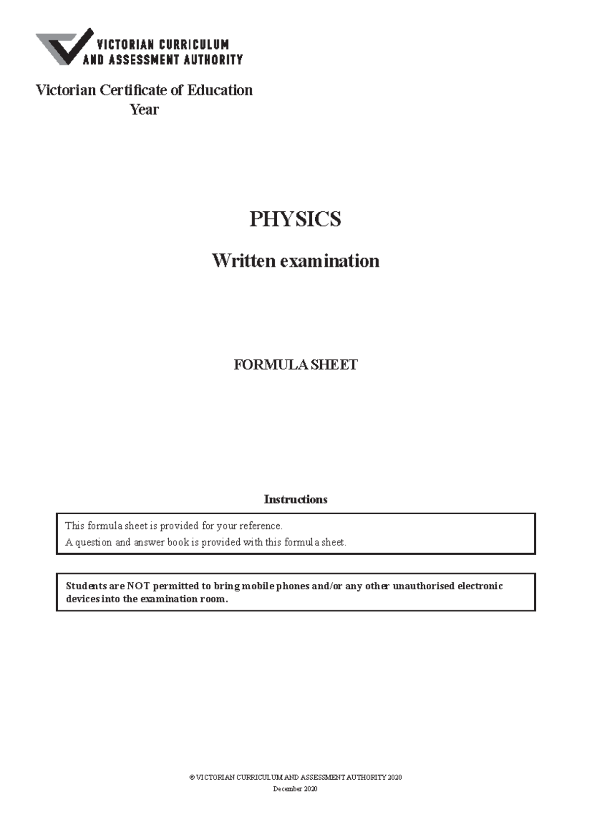 VCE VCAA Physics Formula Sheet (ONLY FORMULA'S) - Victorian Certificate ...