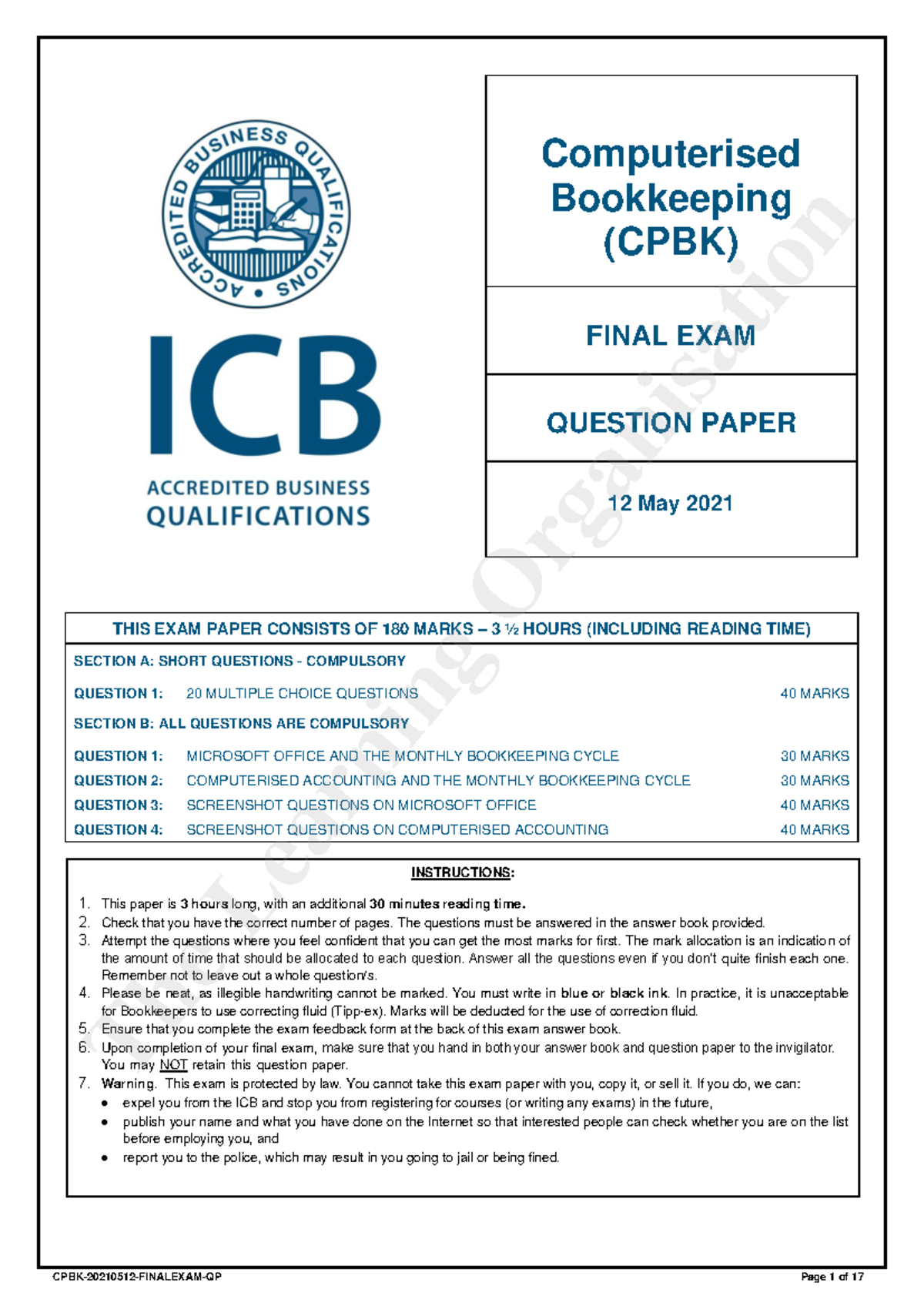 62478 - Computerised Bookkeeping Final Exam Question Paper - Studocu